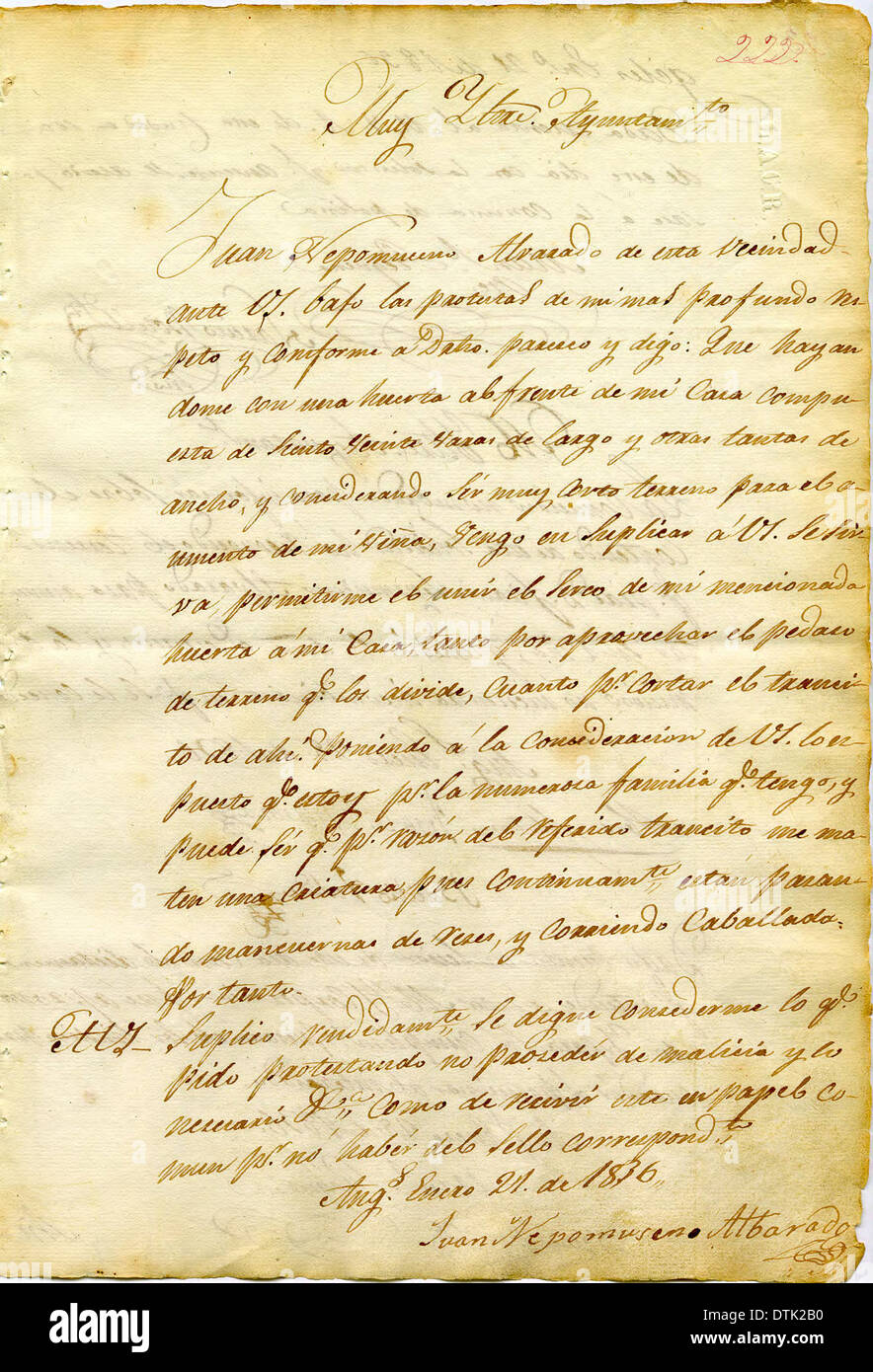 A historical petition by Juan Nepomuseno Albarado requesting permission ...