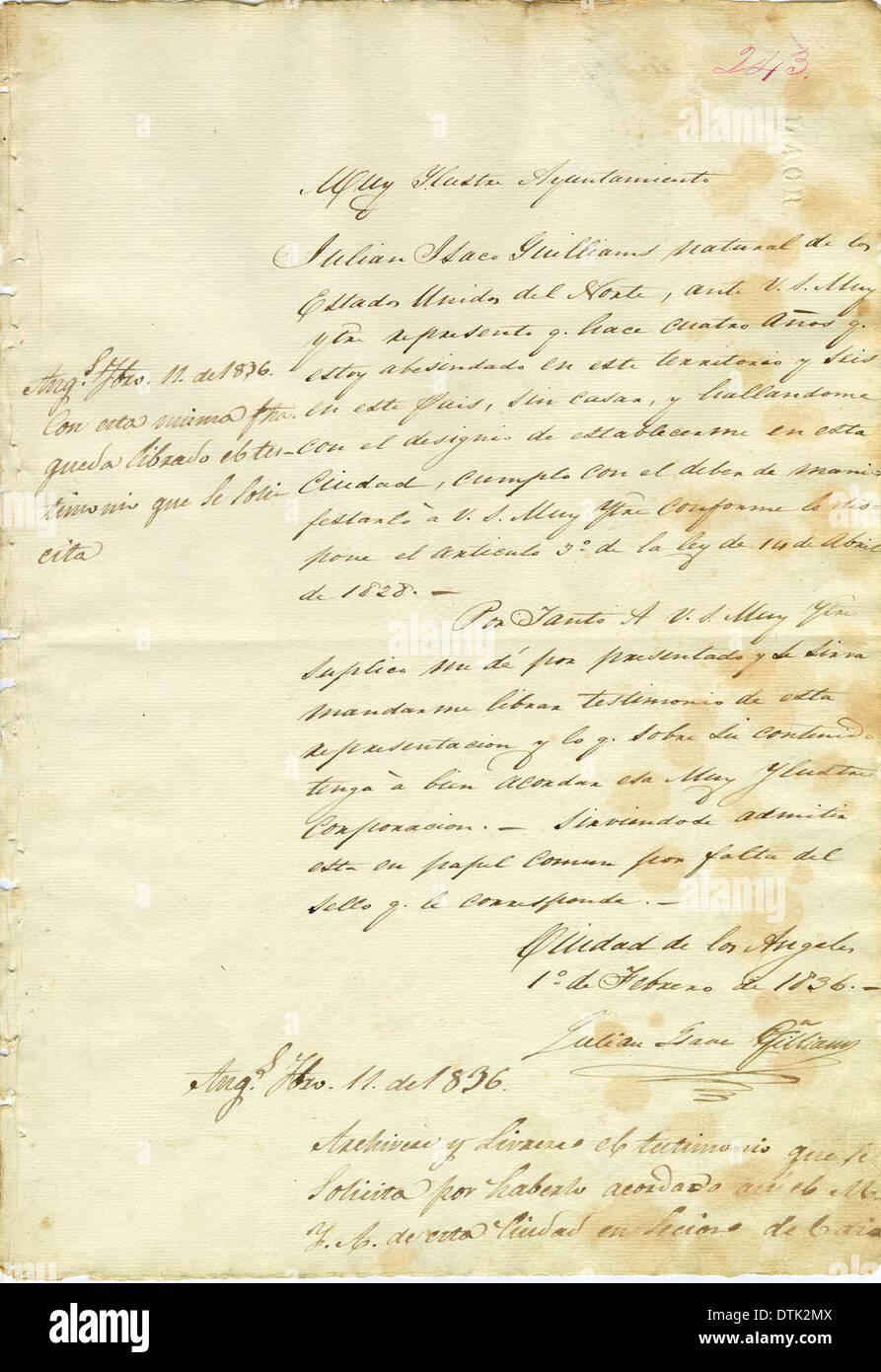 A document from 1836 showing the petition of Julian Isaco Guilliams to establish residency ...