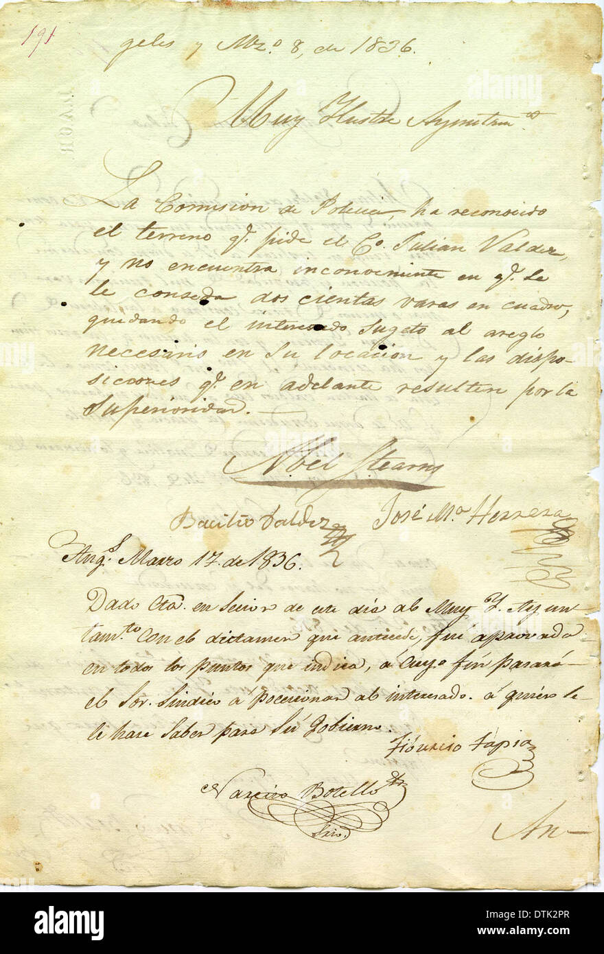 A petition dated 1836, presented by Julian Valdes, requesting the grant ...