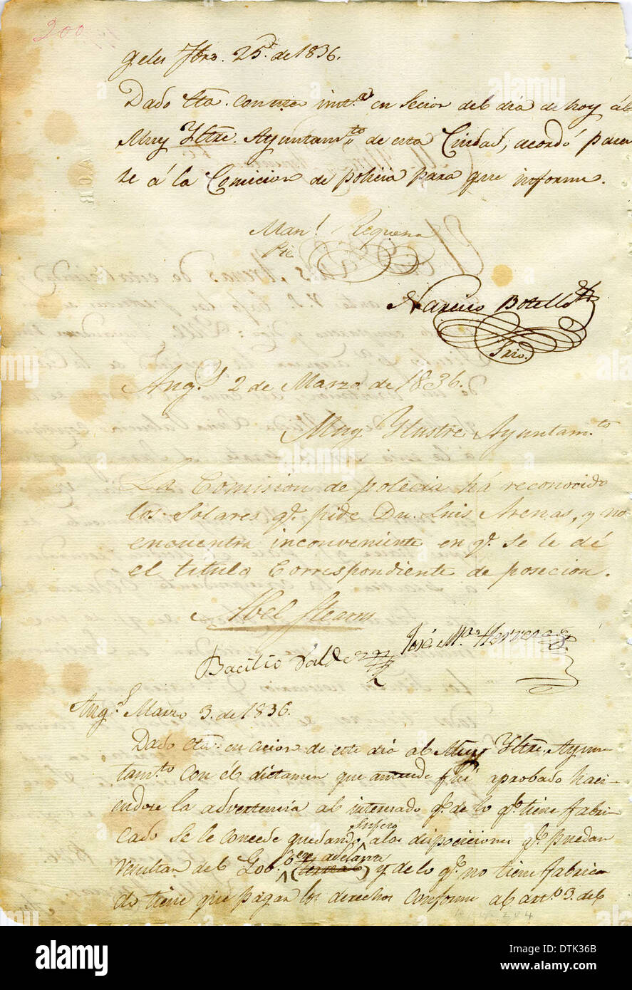 A document from 1836 showing the petition by Luis Arenas for the title ...