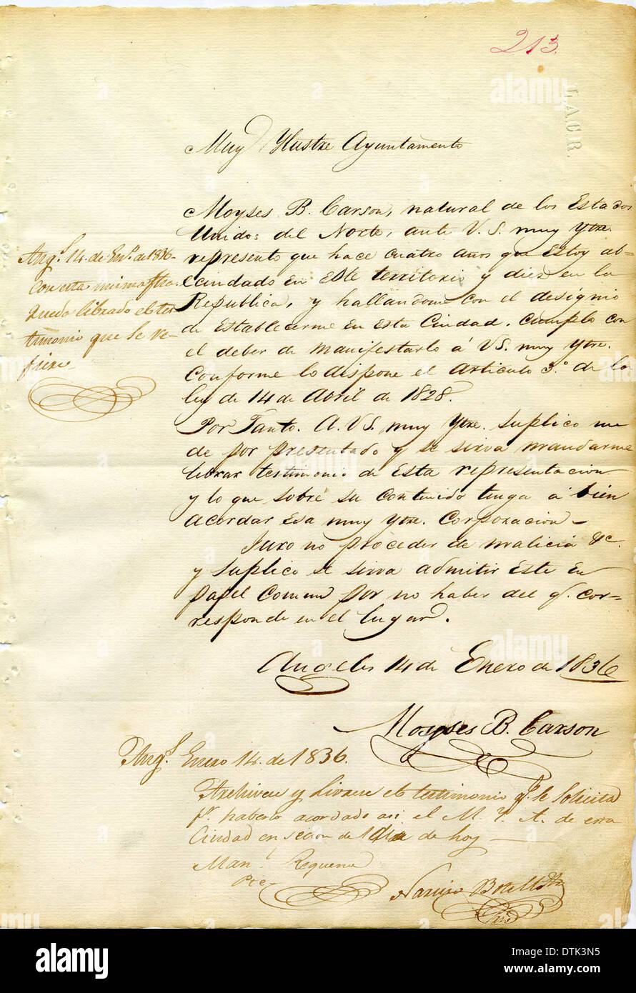 A historical petition from Moyses B. Carson in 1836, requesting formal ...