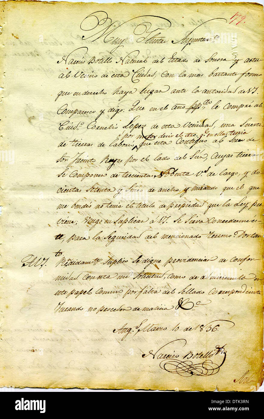 A historical petition from Narciso Botello, dated 1836, requesting the ...