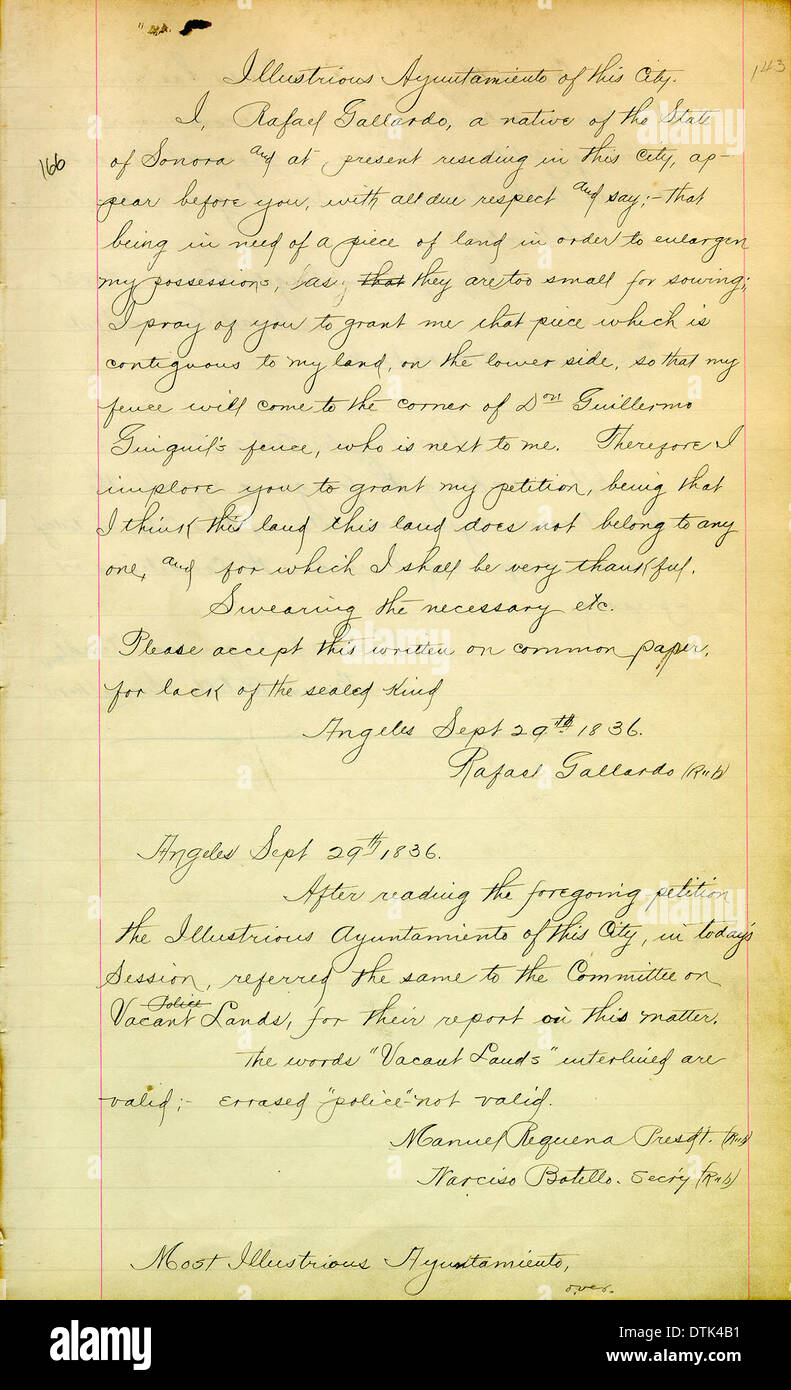 A historical petition from 1836 by Rafael Gallardo requesting a grant ...