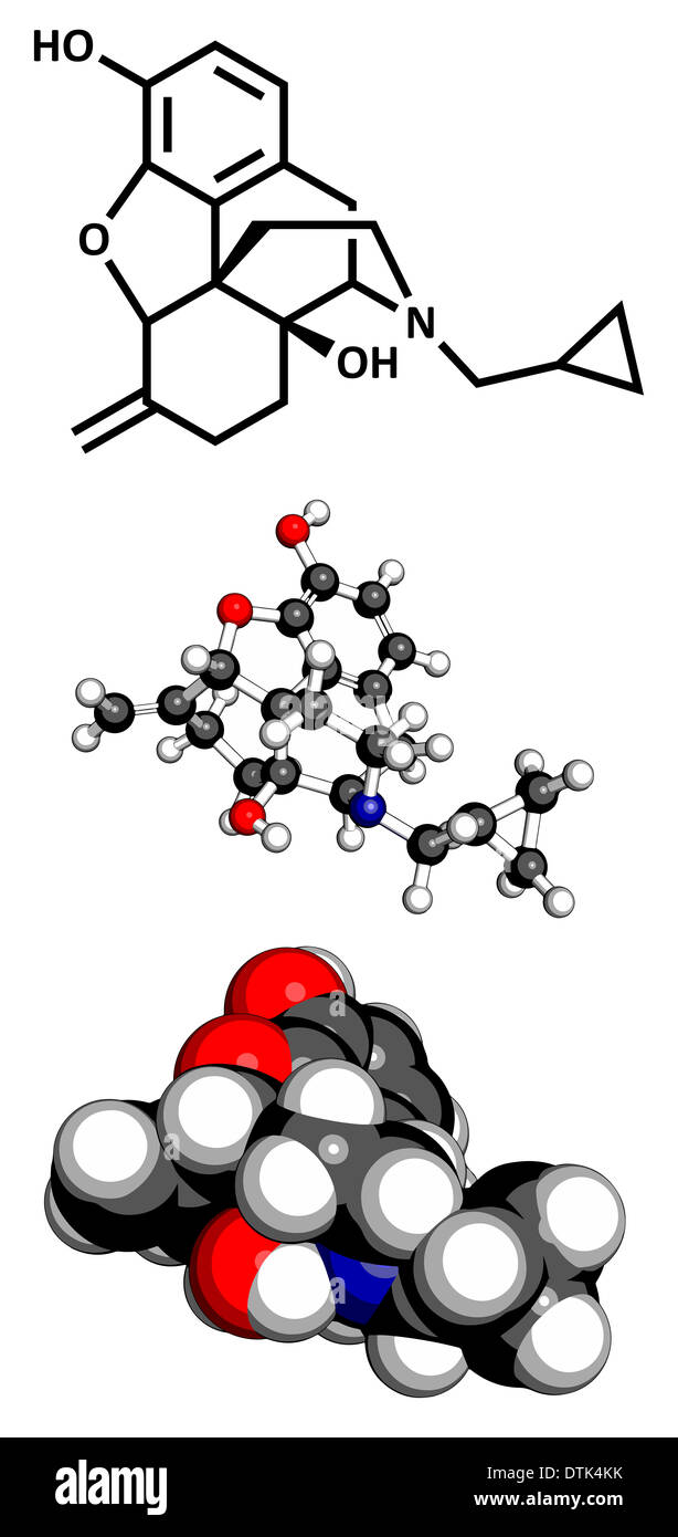 Nalmefene alcoholism treatment drug, molecular model. Three ...