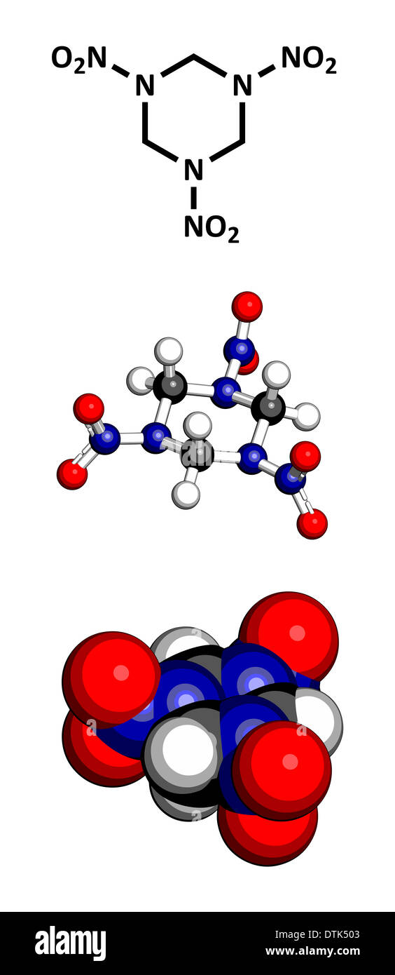 RDX (cyclonite, hexogen) explosive molecule. Three representations: 2D ...