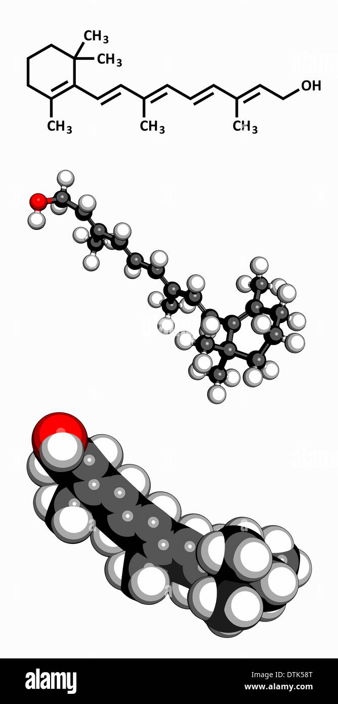 Vitamin A (retinol) molecule. Three representations: 2D skeletal ...
