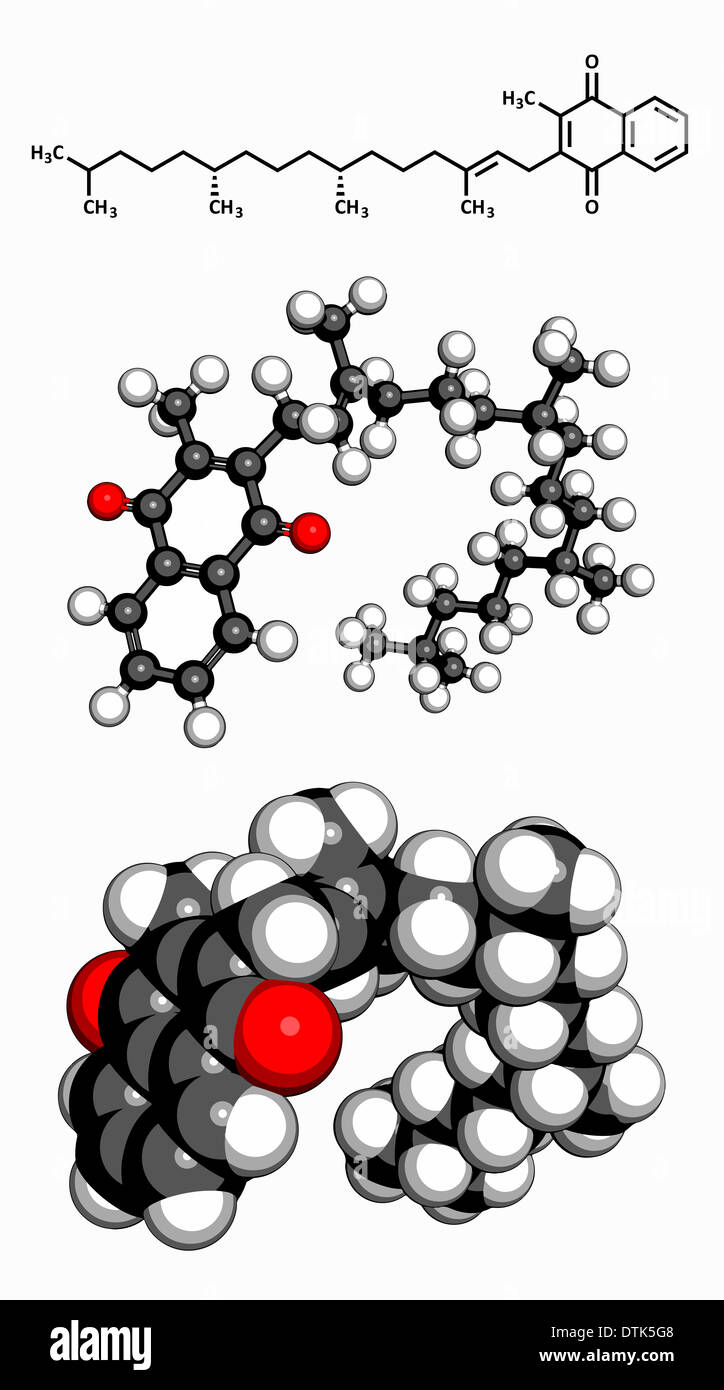 Vitamin K1 (phylloquinone) molecule. Three representations: 2D skeletal ...