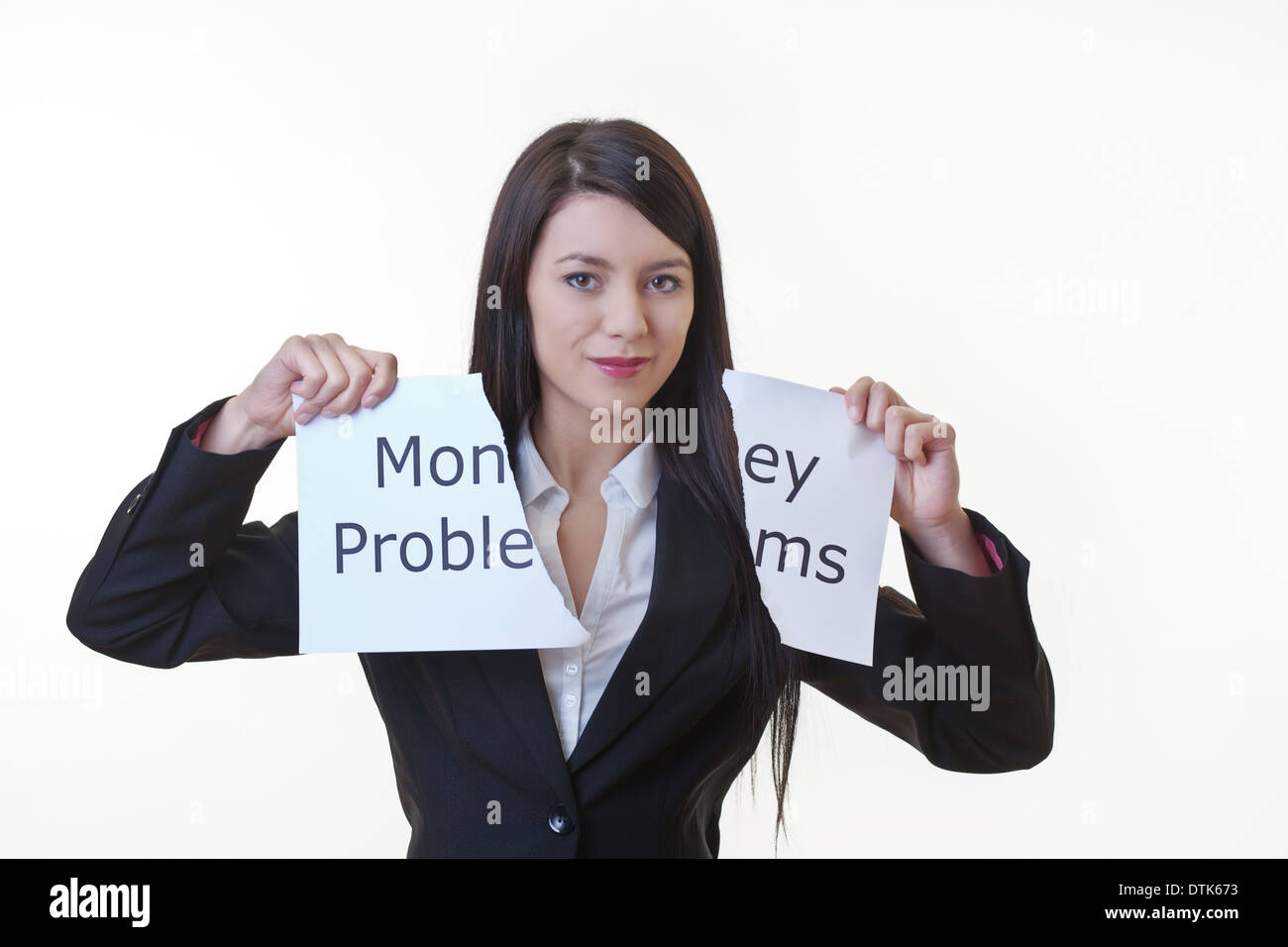 woman holding up a piece of paper with the words money problems written ...