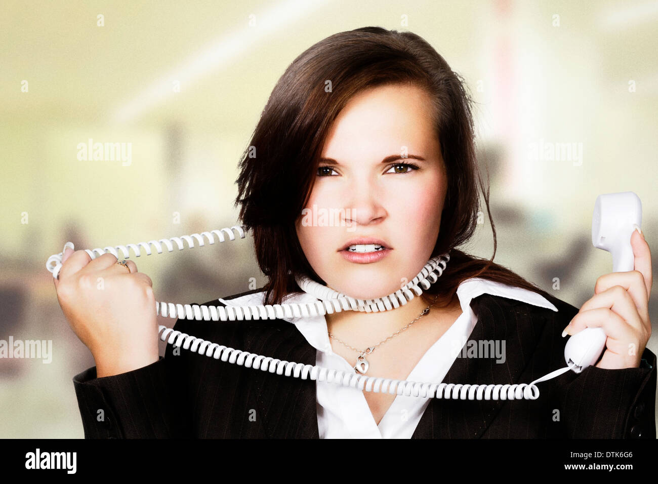 portairt of woman with telephone cord wrapped around face Stock Photo ...