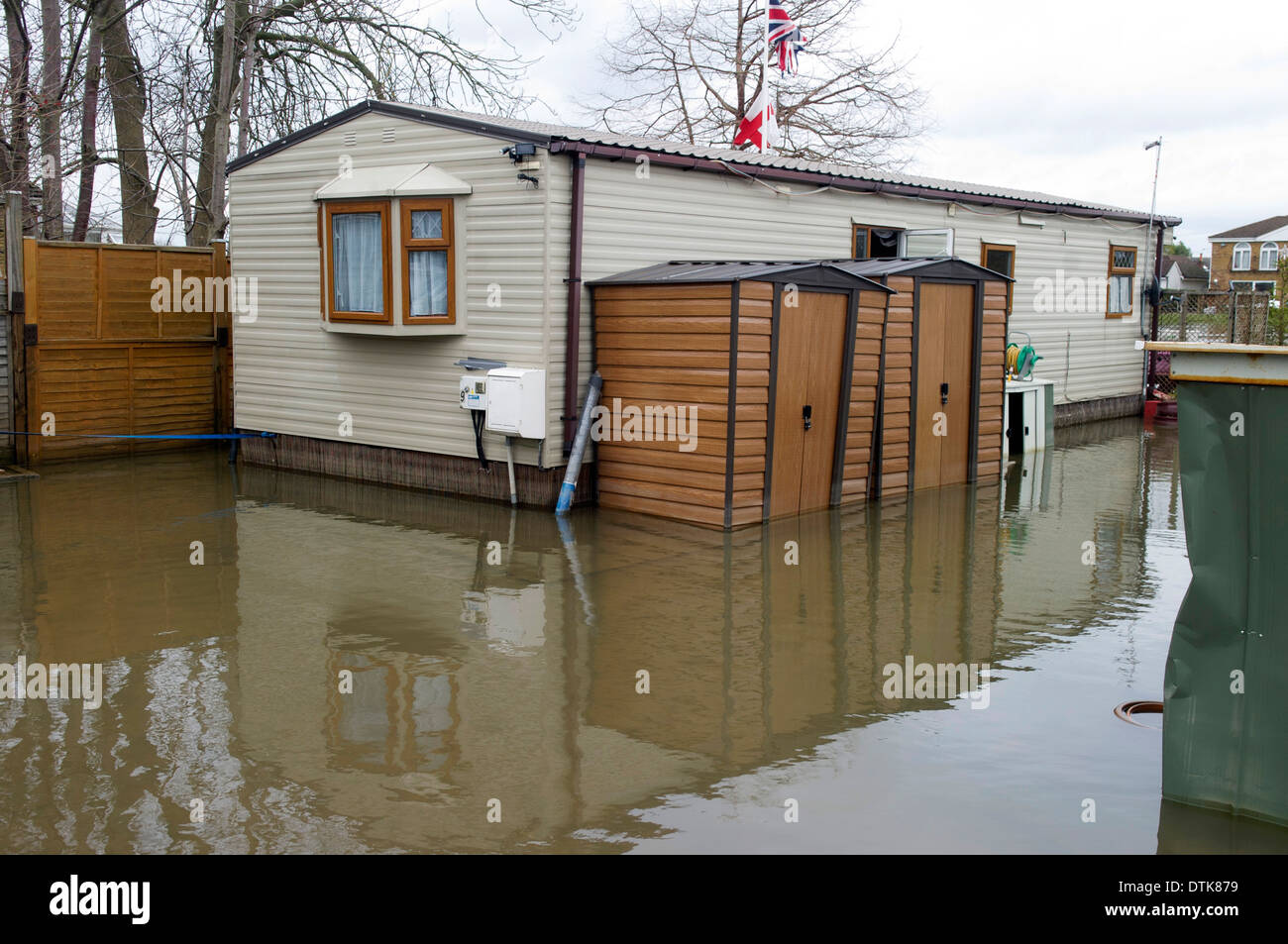 Prefabricated housing flooded along the Thames. Electric junction box ...