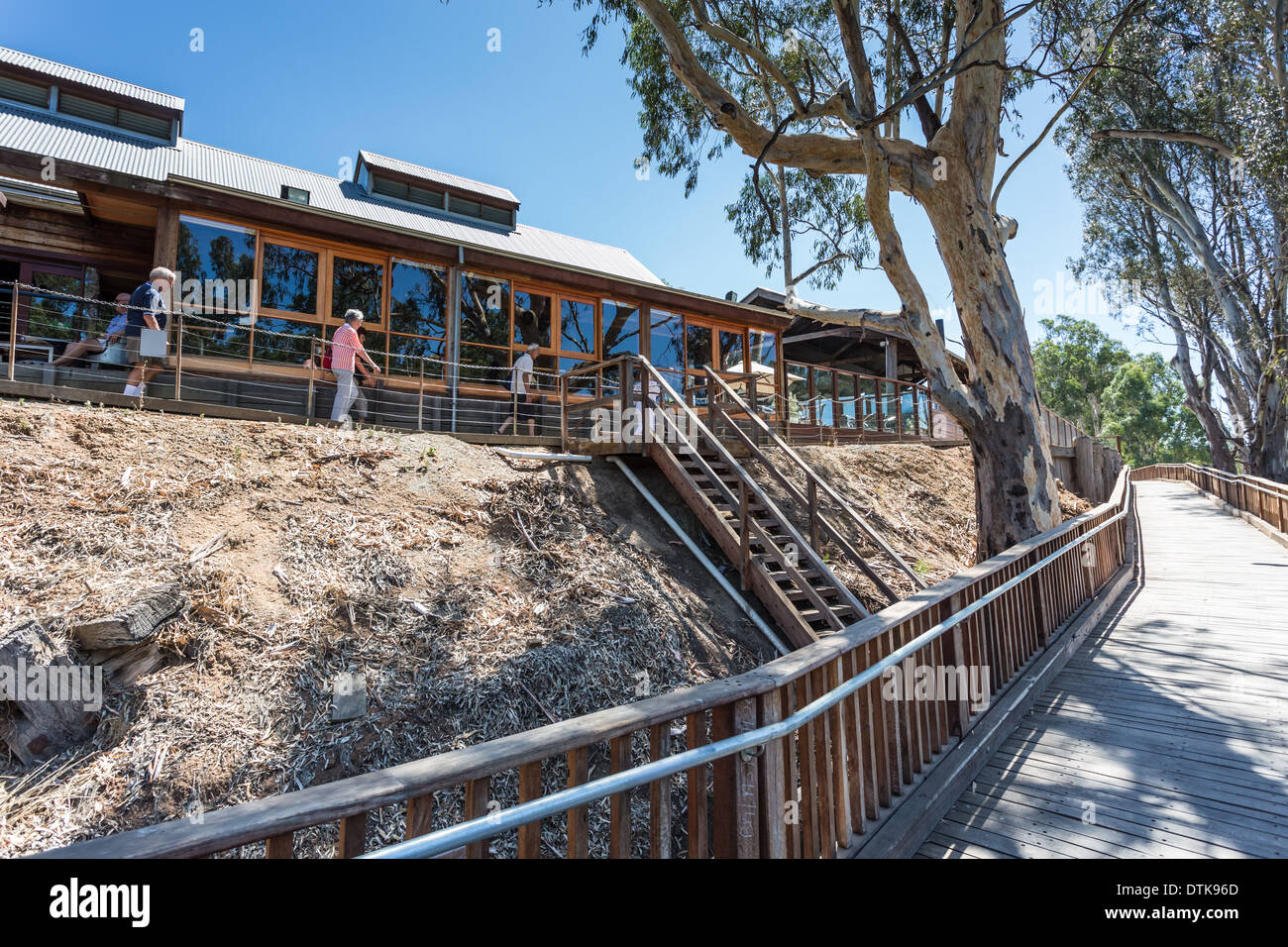 Tourist boardwalk at the Historic Port of Echuca precinct on the Murray ...