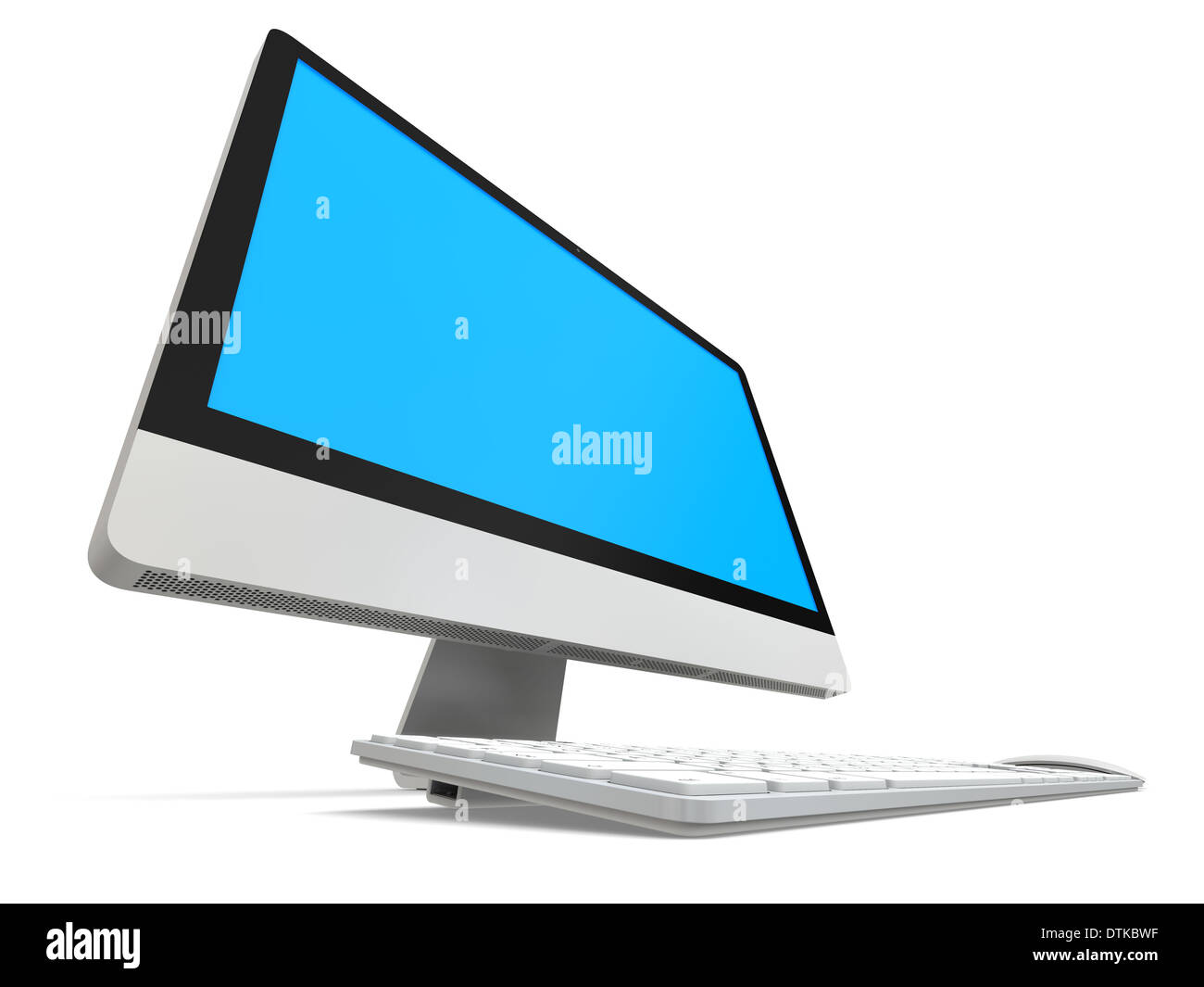 Modern desktop computer with blue screen isolated on white background ...