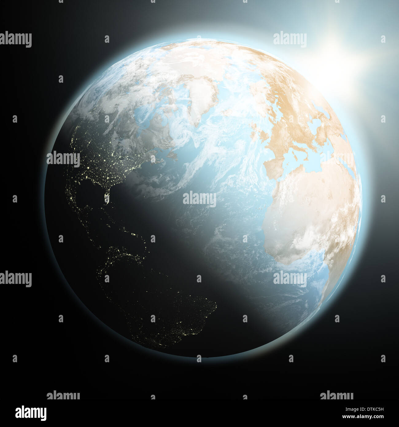 Space view of the sun rising over northern hemisphere on planet Earth ...