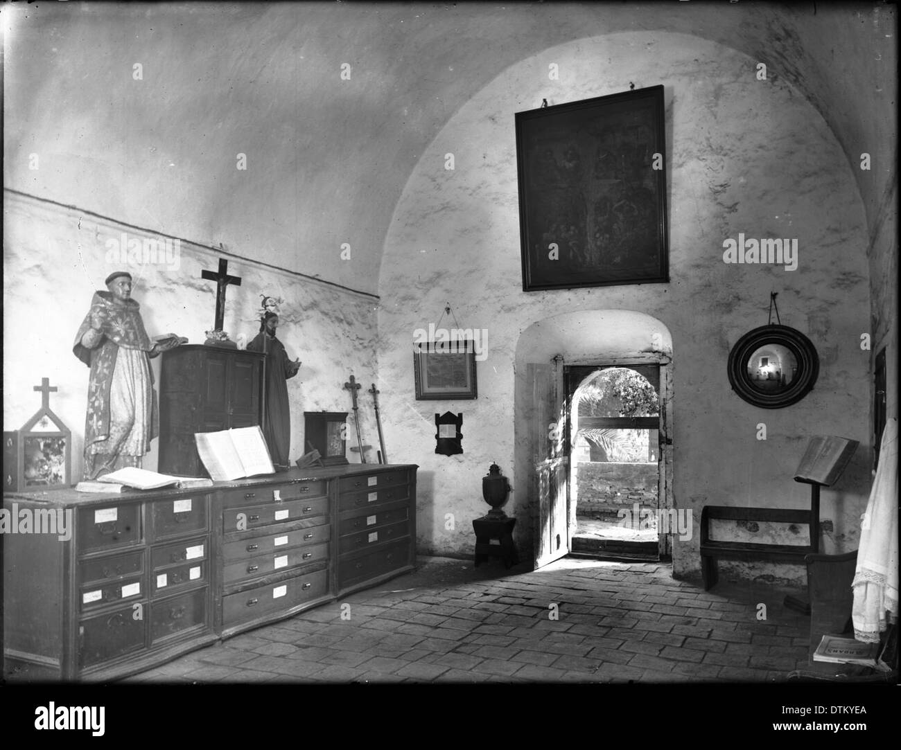 A photograph from 1908 of the sacristy at Mission San Gabriel ...
