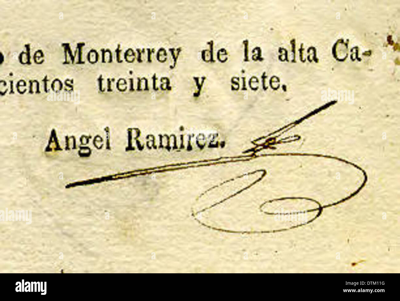 A photograph of the signature of Angel Ramirez, dated 1836, showing a ...