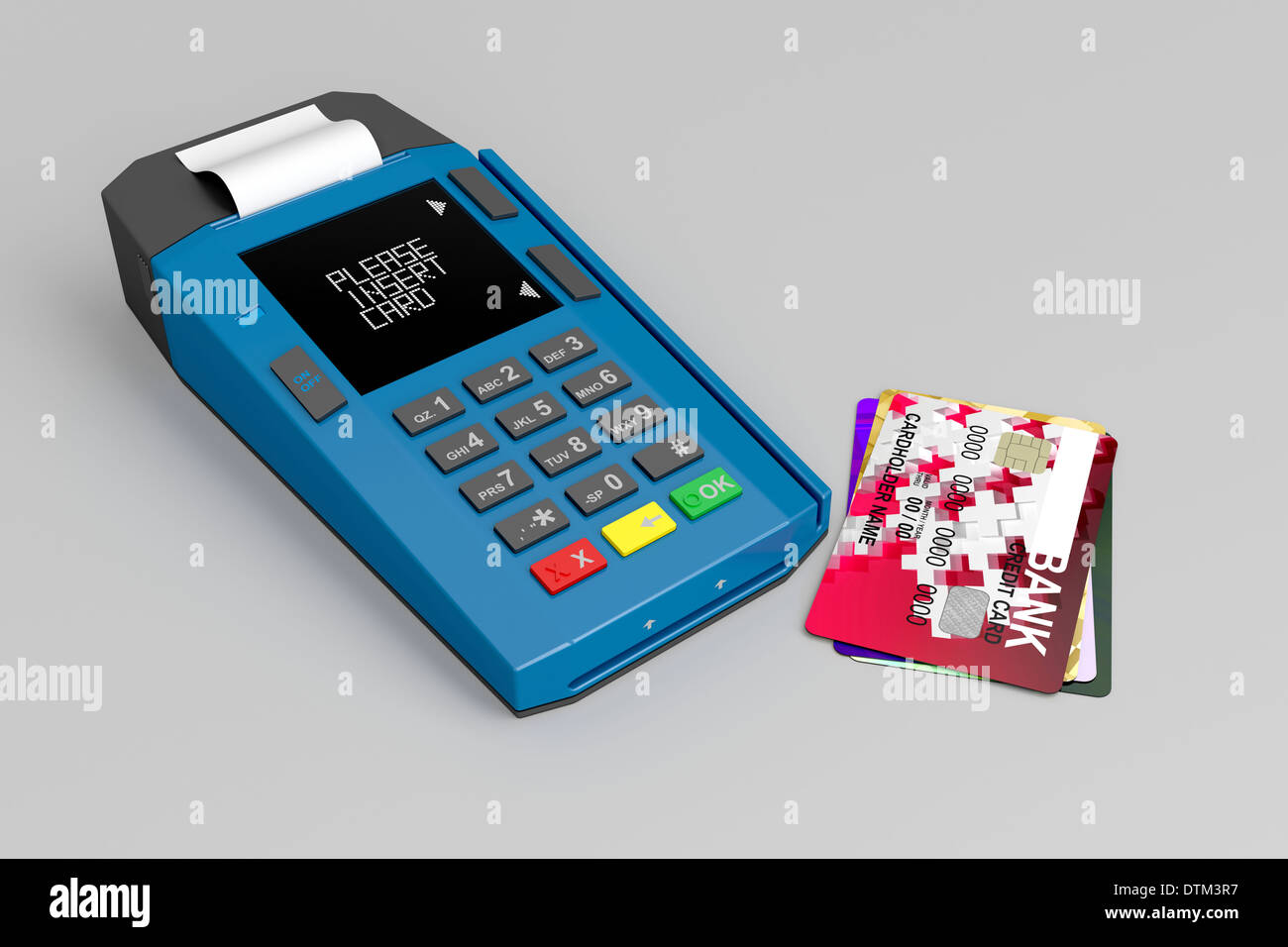 Credit card reader and many credit cards on gray background Stock Photo ...