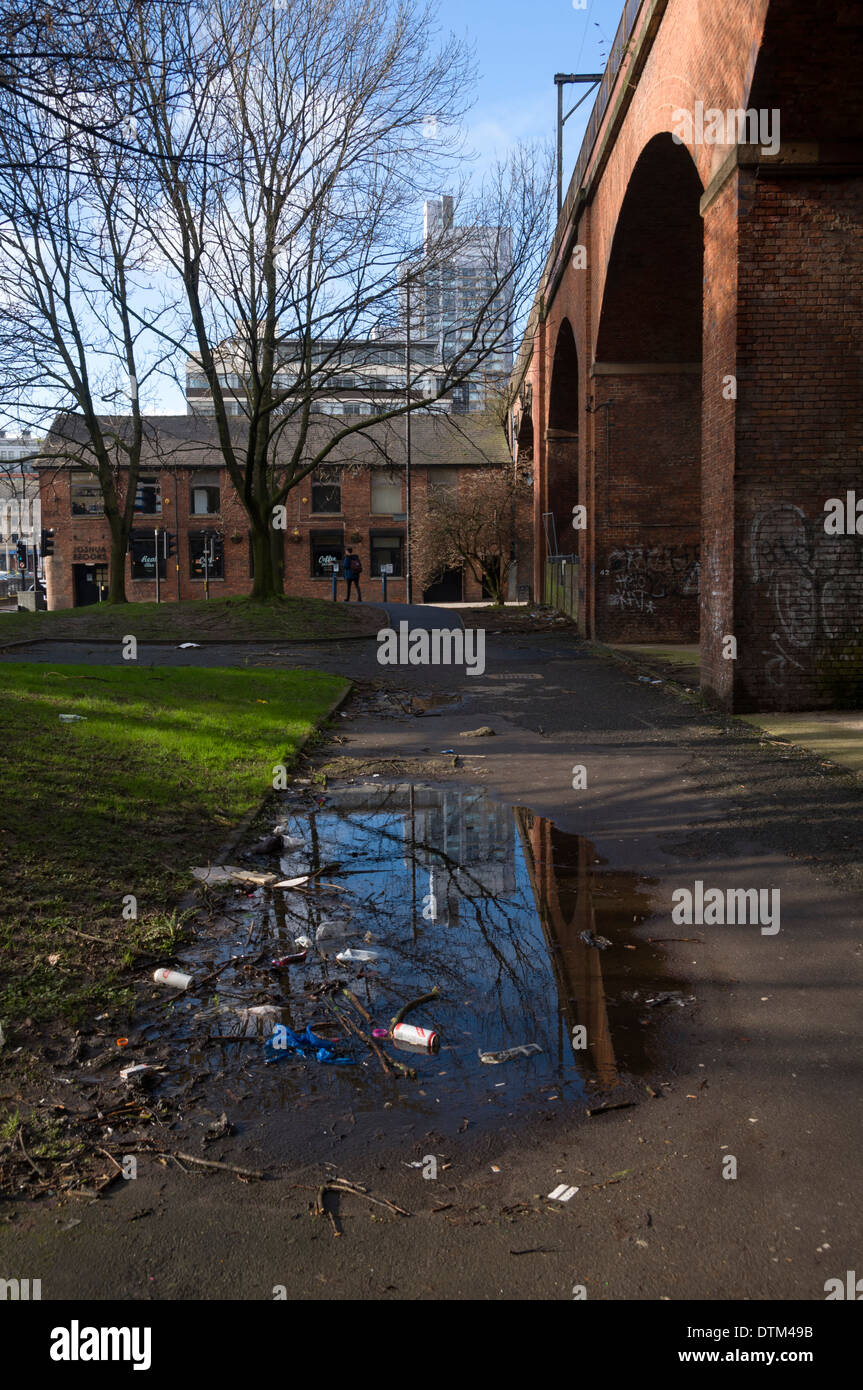 Student Castle apartment block, and reflection, seen from an alleyway ...