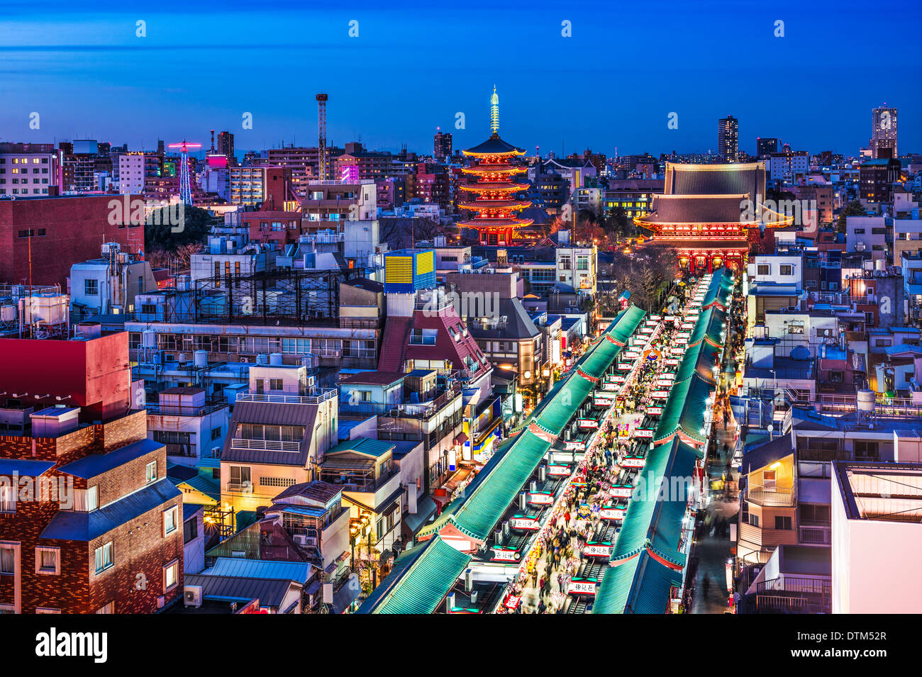 Tokyo, Japan cityscape in the Asakusa district over Senso-ji Temple ...