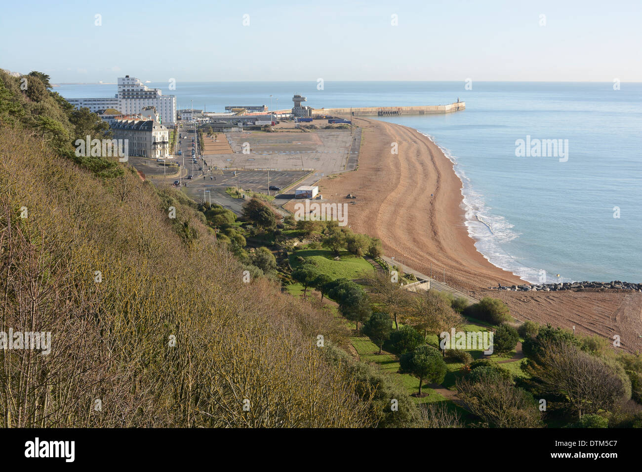 Beach and seafront viewed from The Leas clifftop at Folkestone in Kent ...