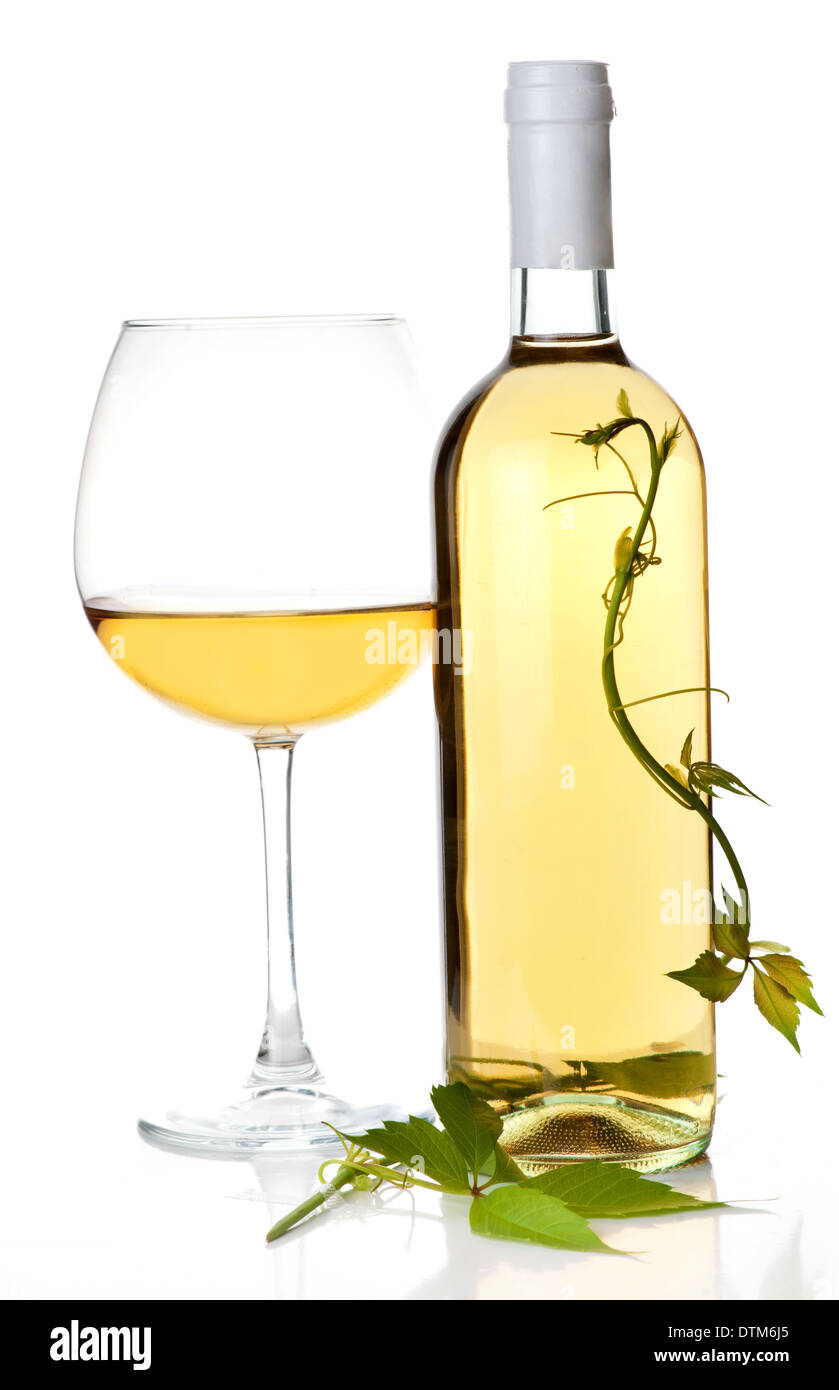 White wine bottle and glass. Isolated on white background Stock Photo ...