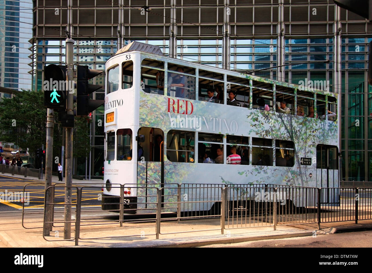Double-deck bus with skyscrapers Stock Photo - Alamy
