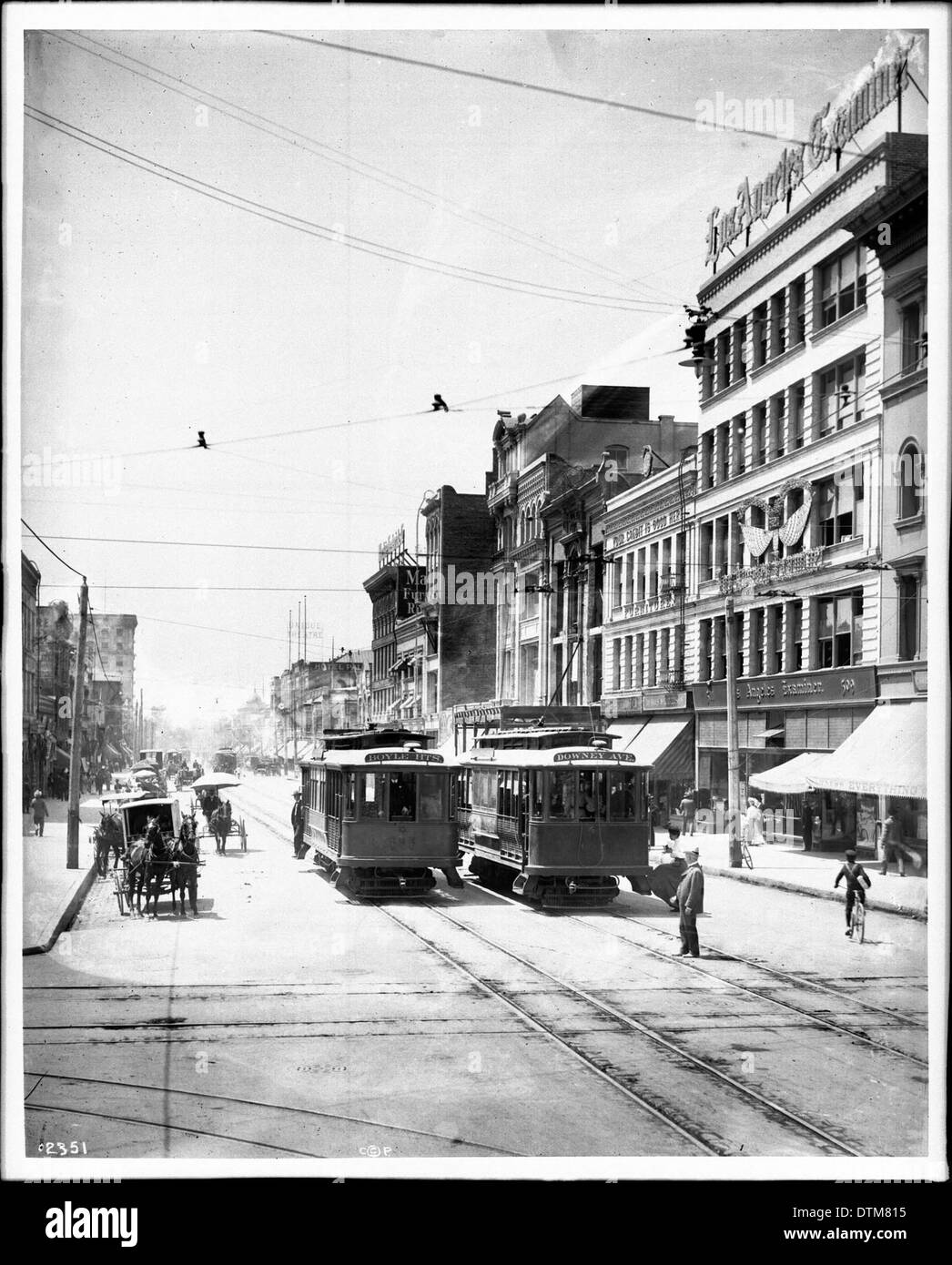 A photograph capturing streetcars on Broadway in downtown Los Angeles ...