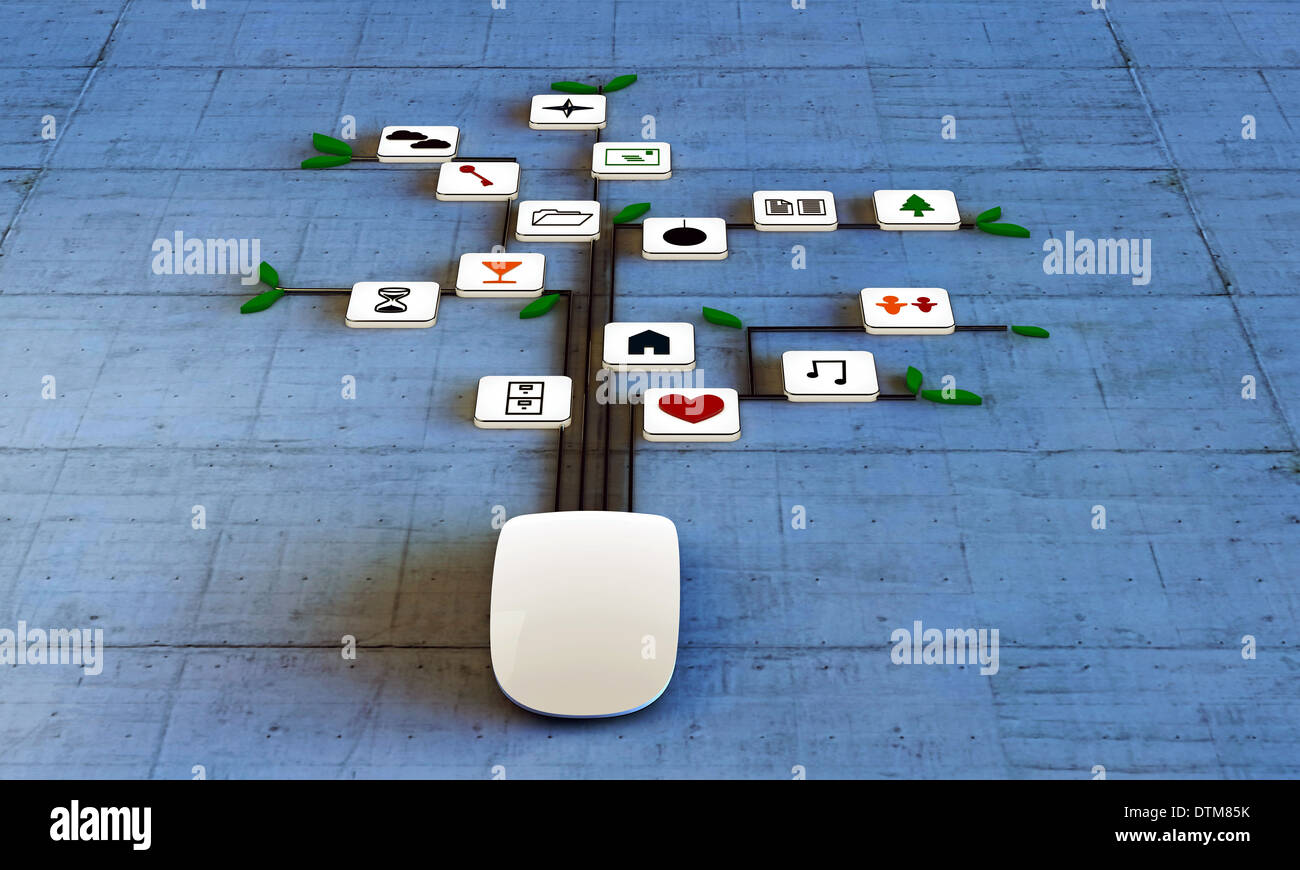 computer mouse connected with web icons on concrete floor Stock Photo ...