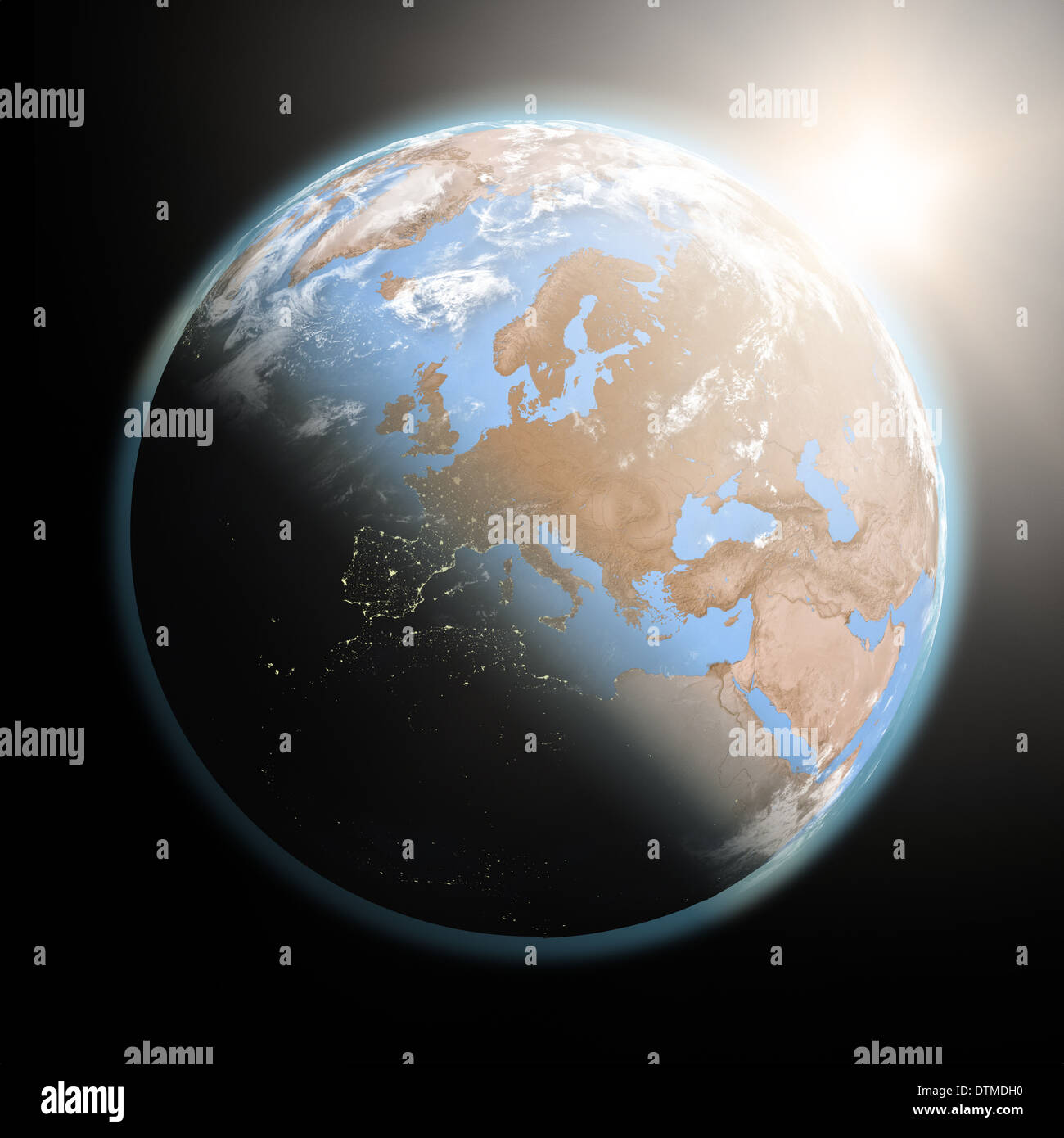 Space view of the sun rising over Europe on blue planet Earth. Elements ...