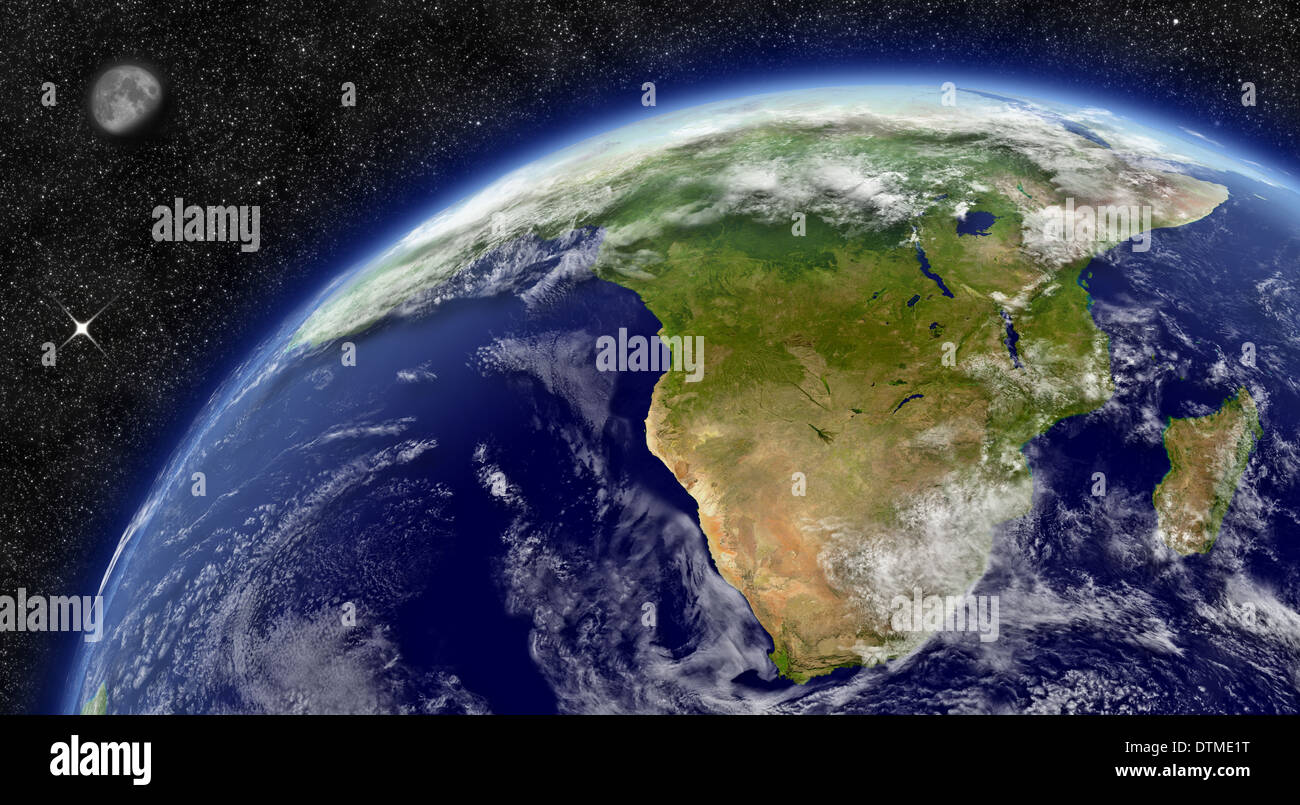 South Africa region on planet Earth from space with Moon and stars in ...