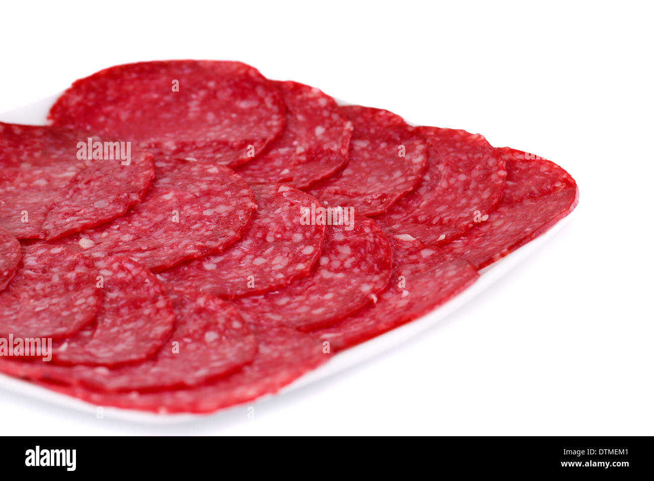 Salami on plate isolated on white background Stock Photo - Alamy
