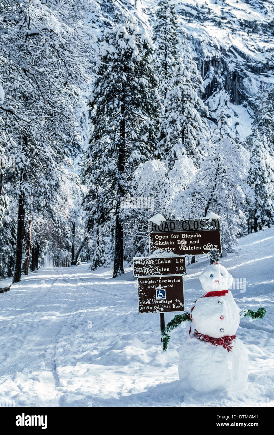A snowman in snow-covered Yosemite Valley in Yosemite National Park ...