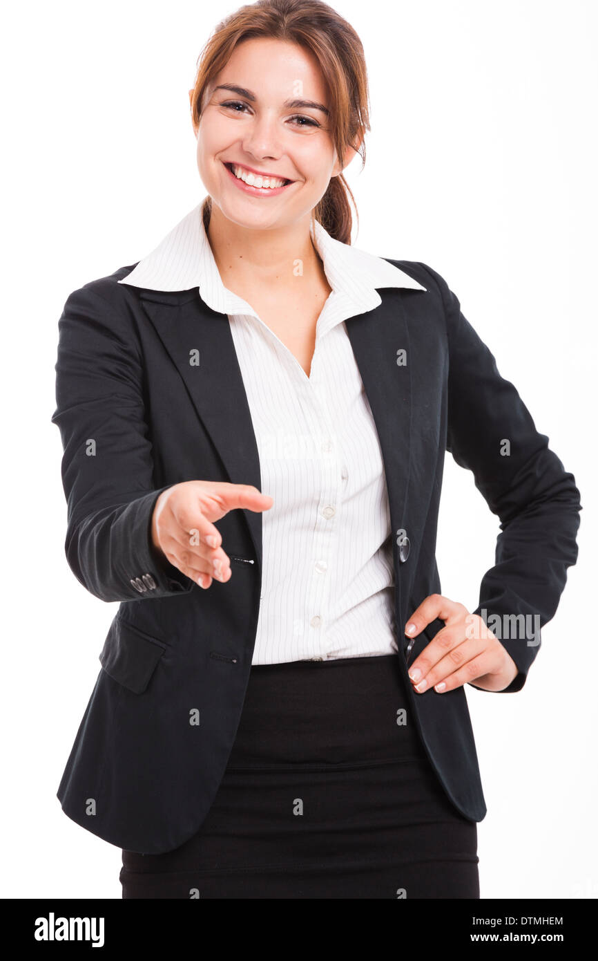 Beautiful hispanic business woman giving a handshake, over a white ...
