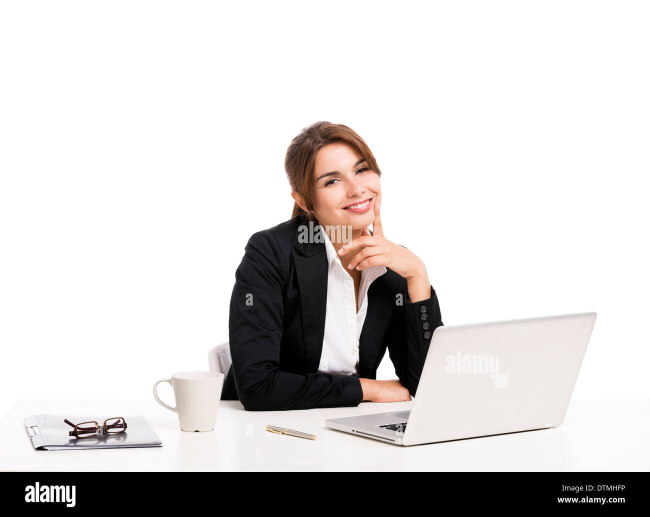 Beautiful and happy hispanic business woman working in the office, isolated over a white ...