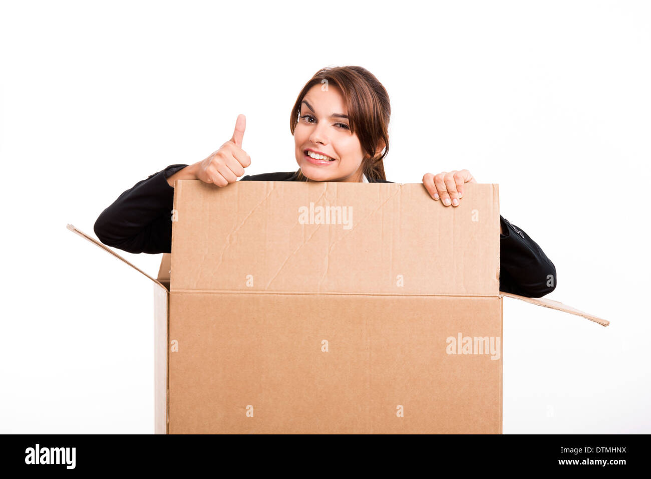 Business woman appear inside a big card box with thumbs up, isolated ...