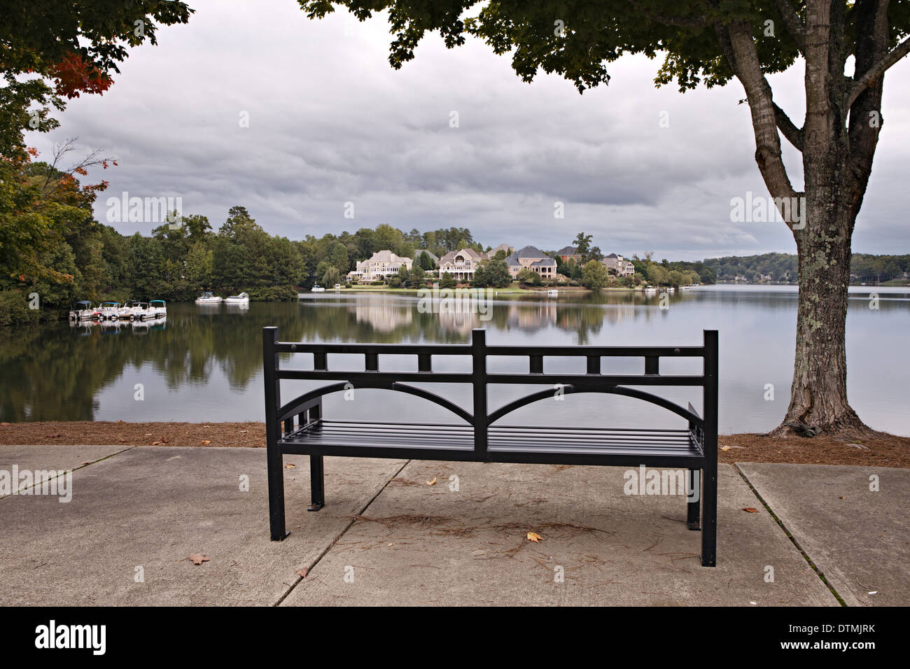 Park with bench, trees and lake Stock Photo - Alamy