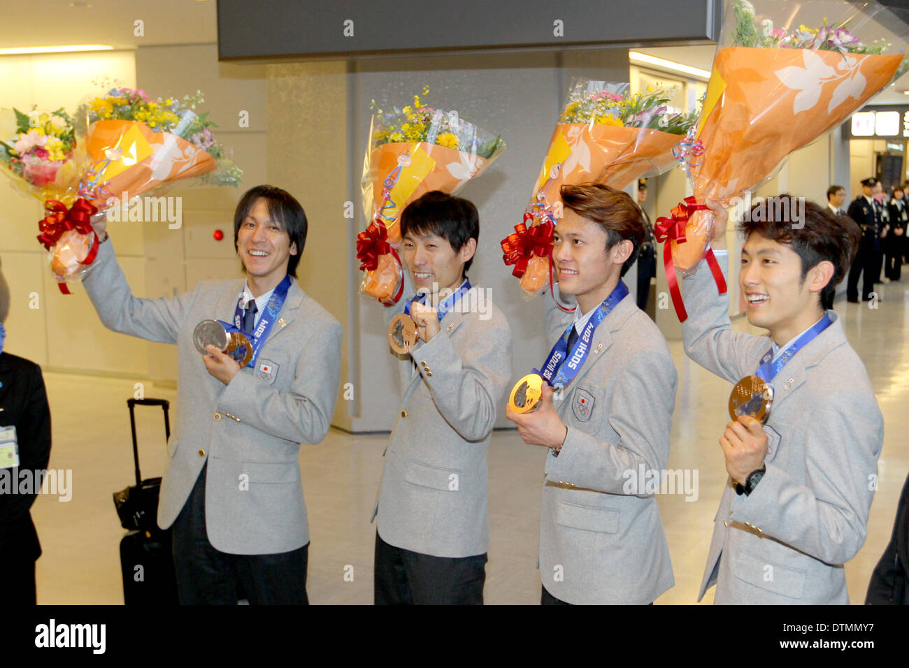 Narita, Japan. 20th Feb, 2014. (L-R) Noriaki Kasai, Daiki Ito, Taku Takeuchi, Reruhi Shimizu ...