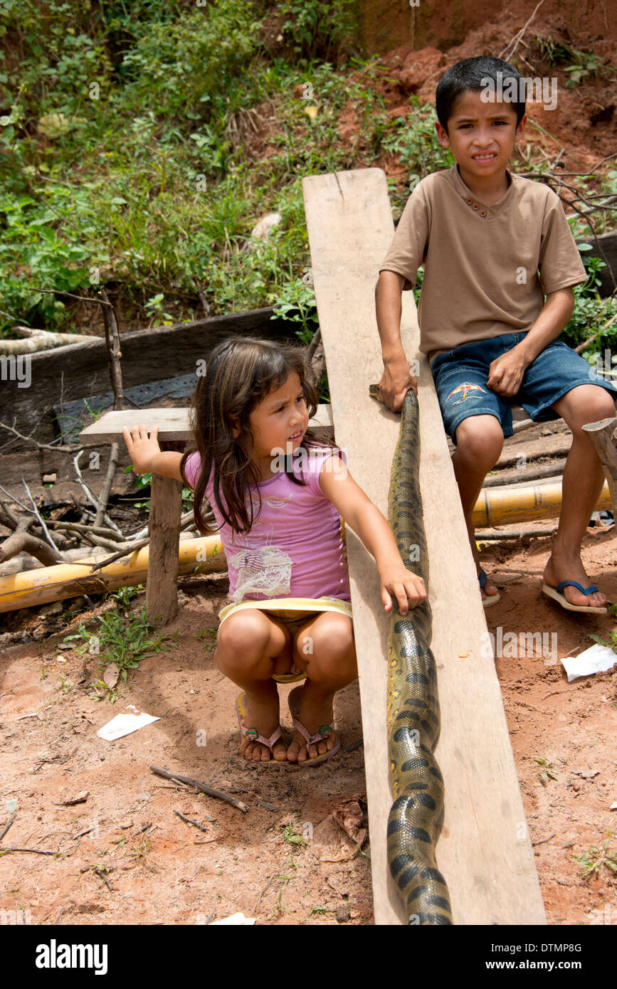 Brazil, Amazon, Boca da Valeria. Village children with large pet snake ...