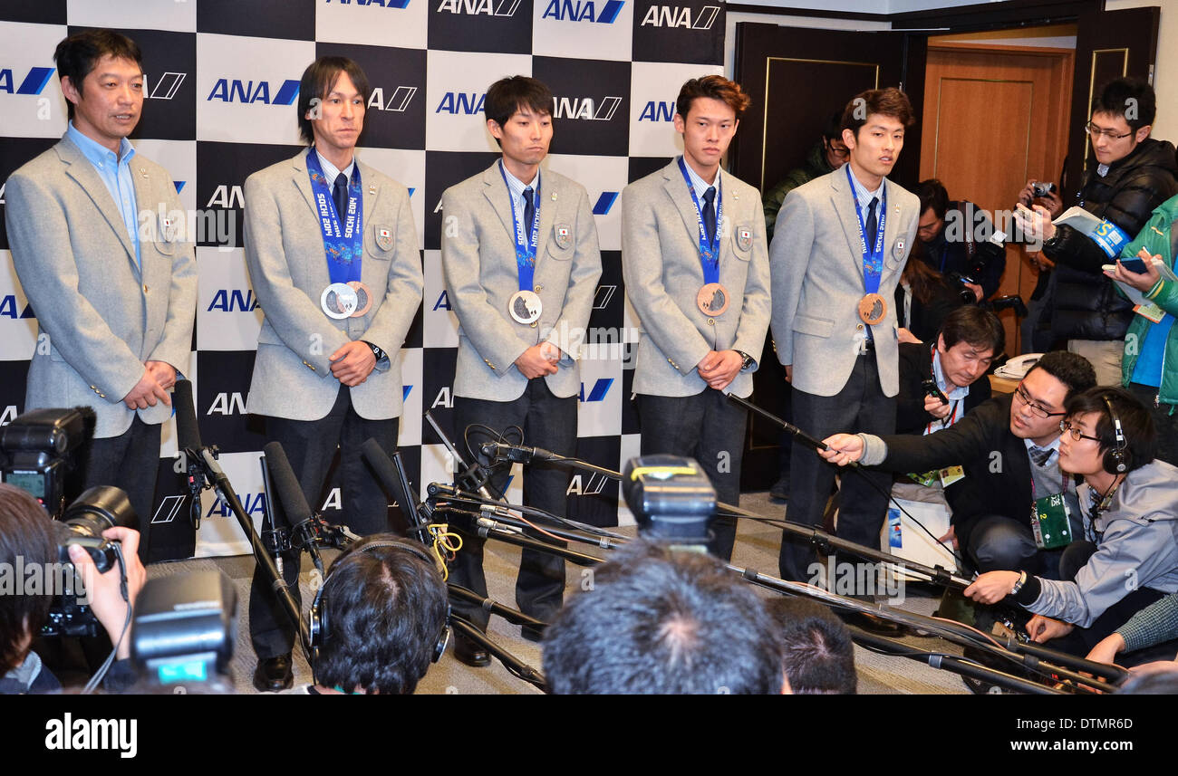 Chiba, Japan, . 20th Feb, 2014. (L-R) Tomoharu Yokokawa coach, Noriaki Kasai, Daiki Ito, Taku ...