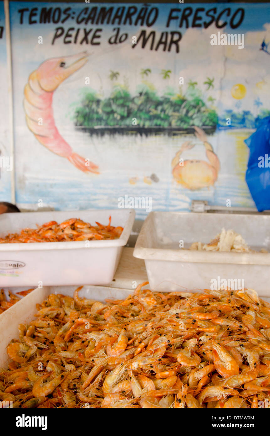 Brazil, Amazon, Manaus. Waterfront fish market, shrimp vendor Stock ...