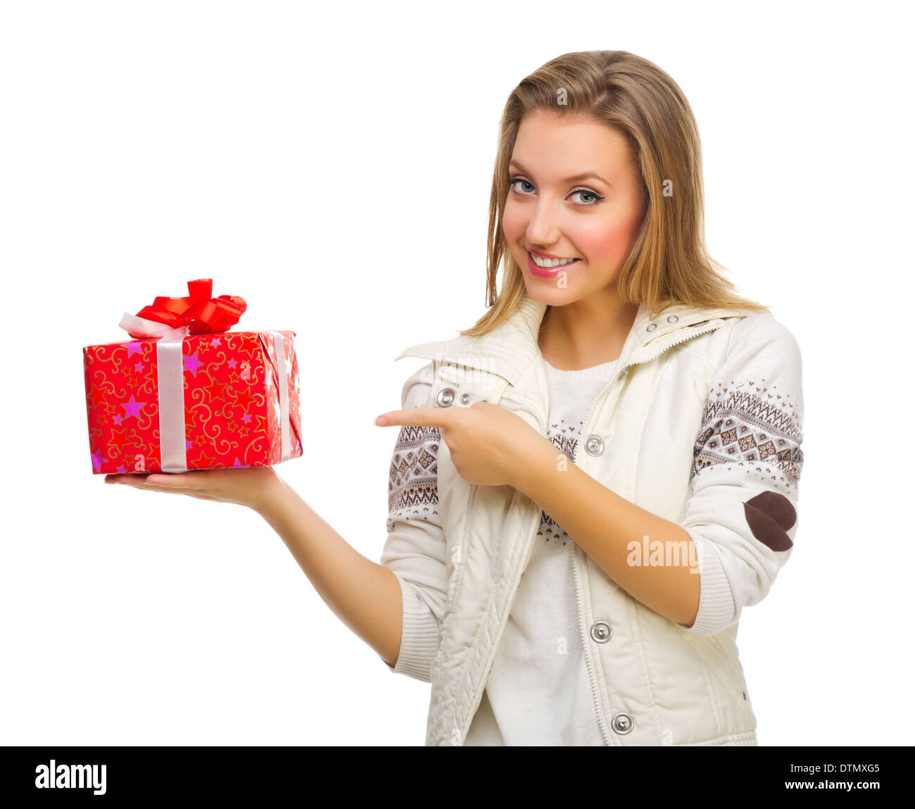 Young smiling girl with gift box isolated Stock Photo - Alamy