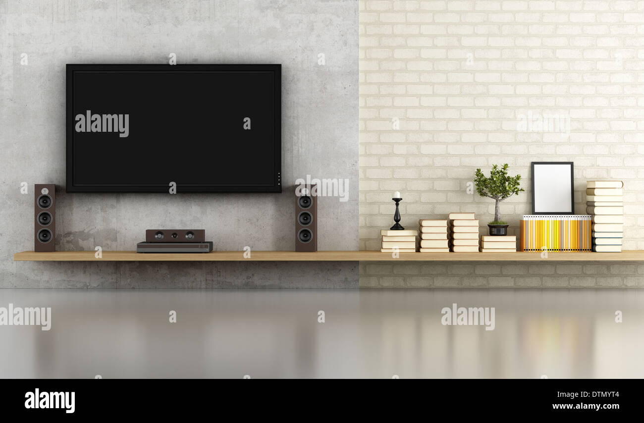 living room without furniture with shelf ,TV and concrete panel ...