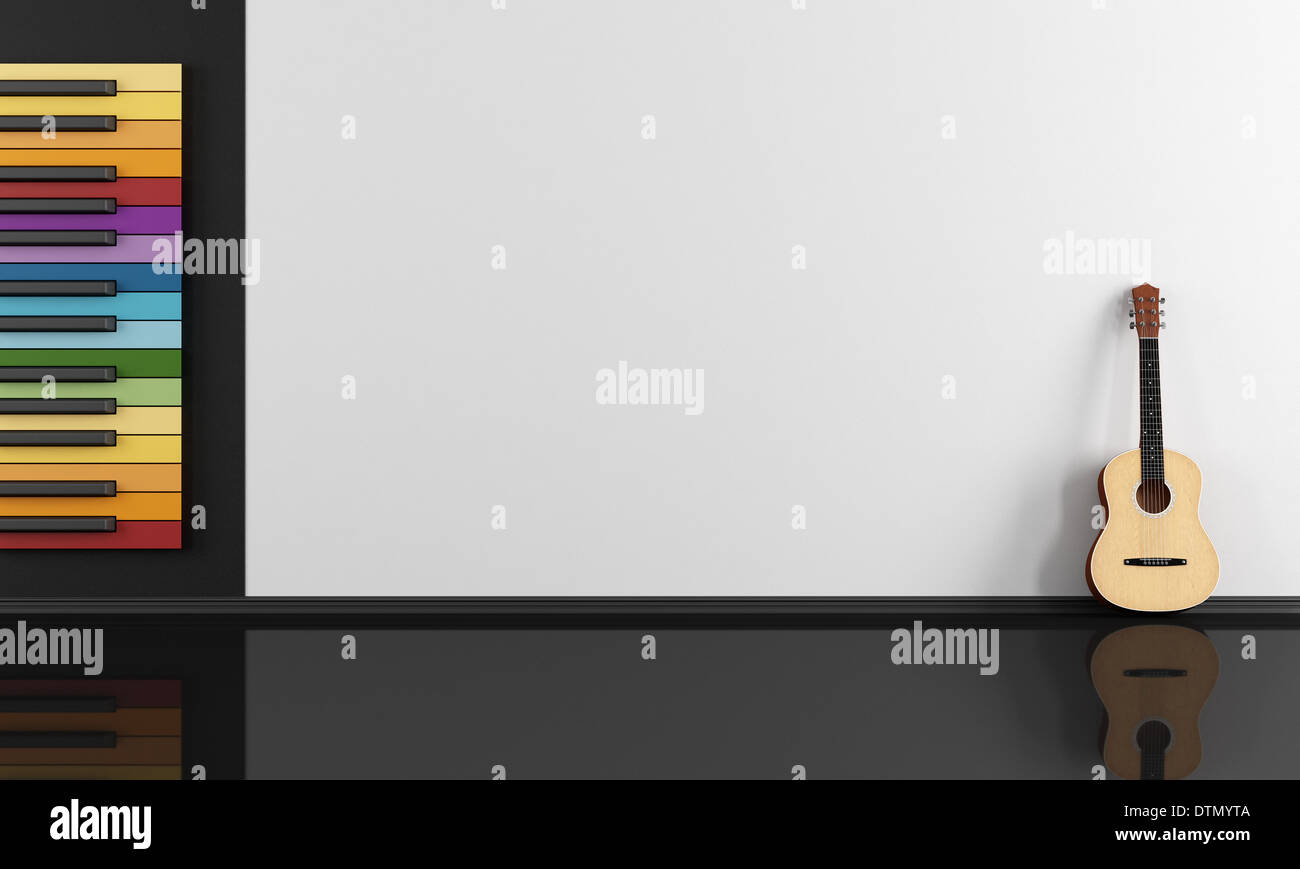 Black and white music room with colorful piano keys as decorative ...