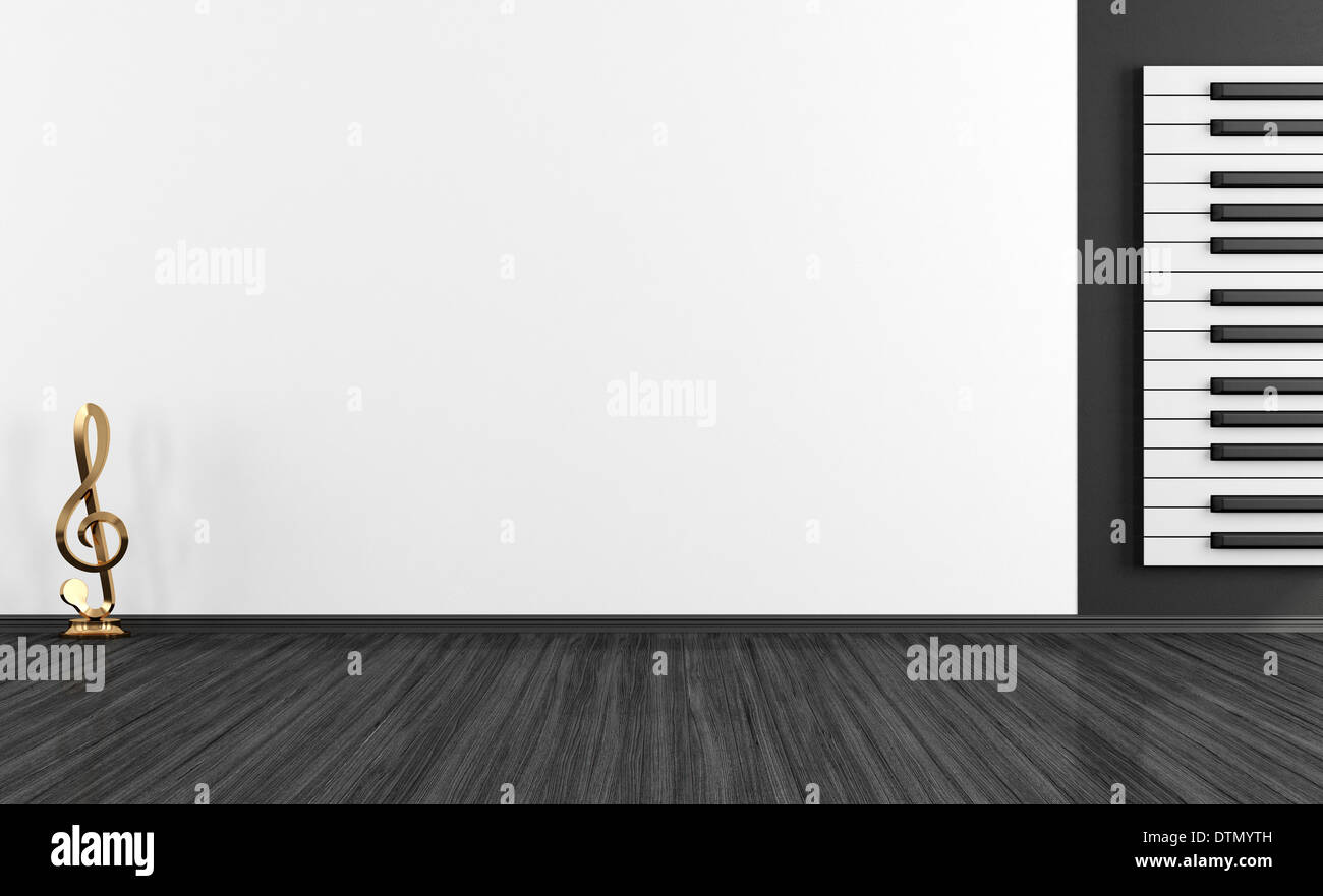 Black and white music room with piano keys as decorative elements on ...