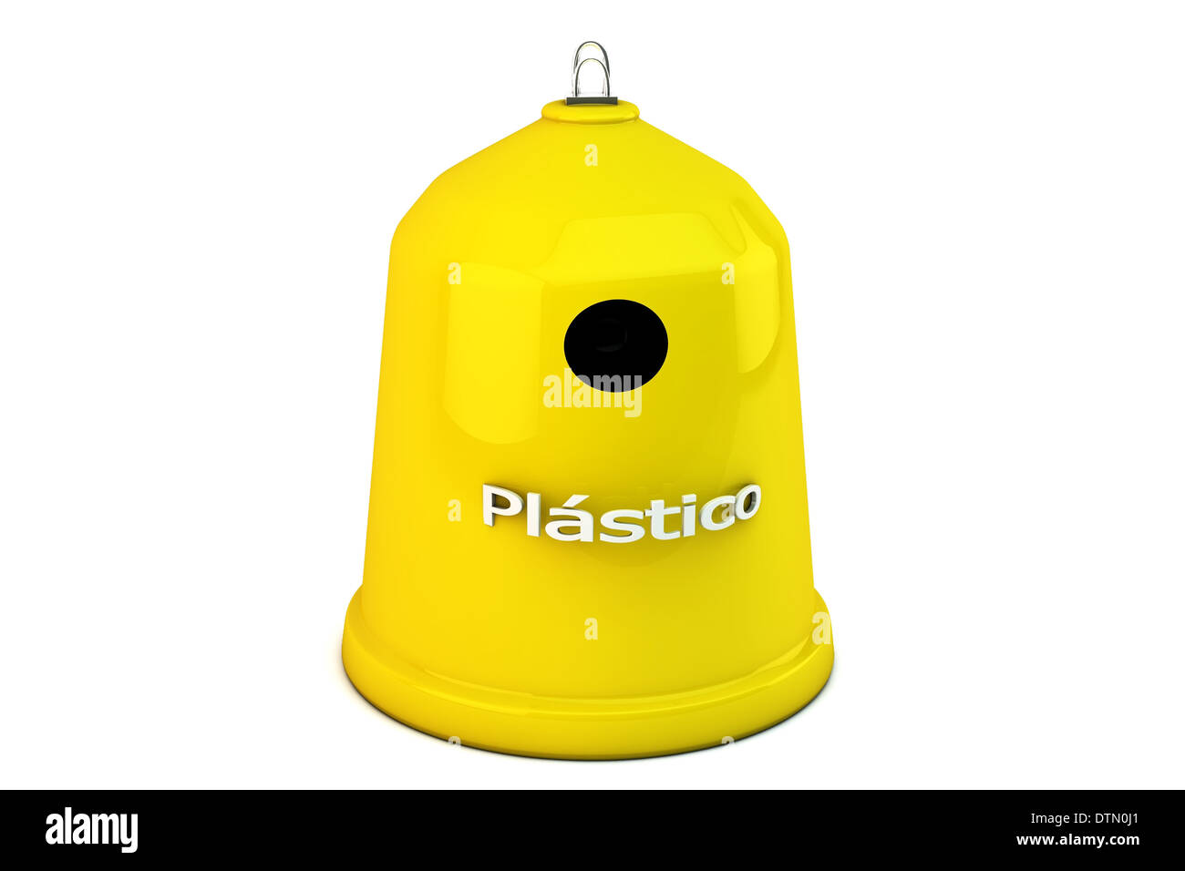 Yellow plastic container recycling in Spanish on white background Stock ...