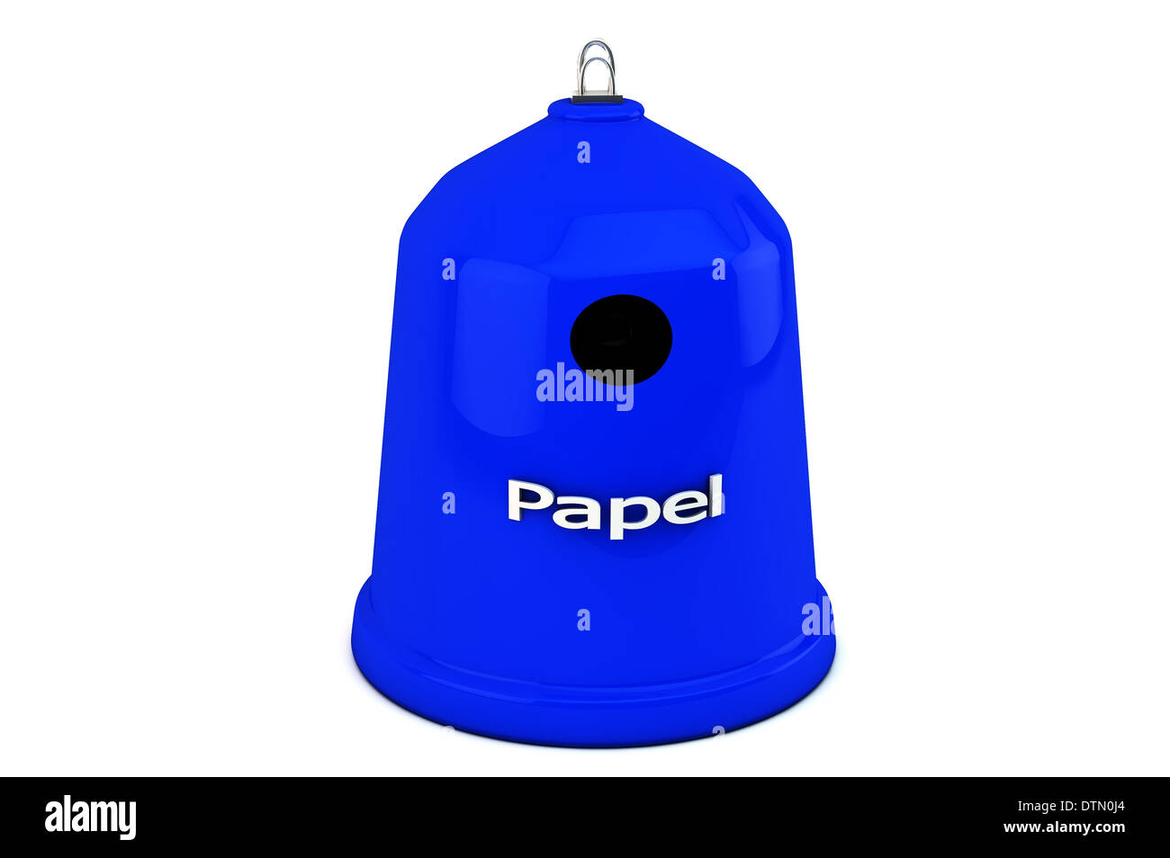 Blue bin recycling paper in spanish on white background Stock Photo - Alamy