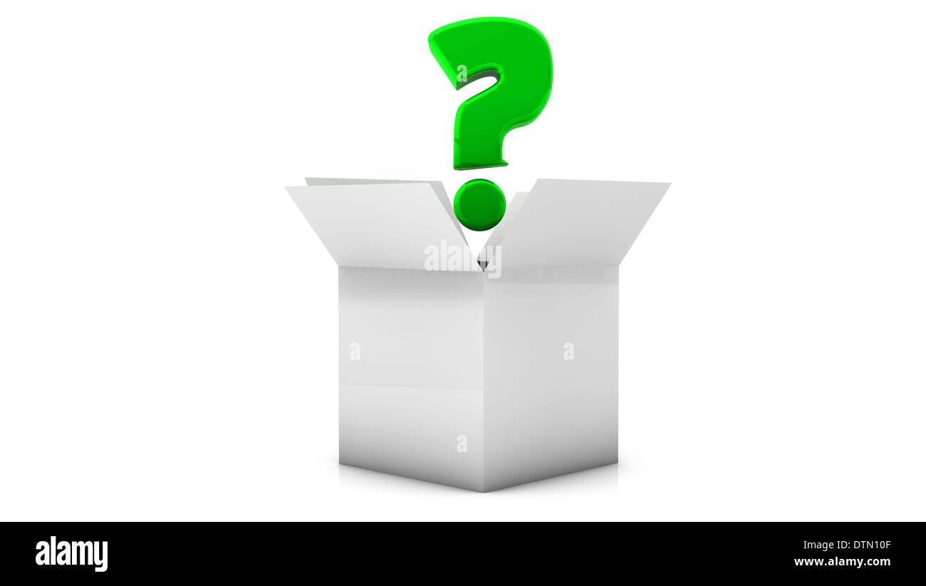3d white Box with green question mark on white background Stock Photo ...