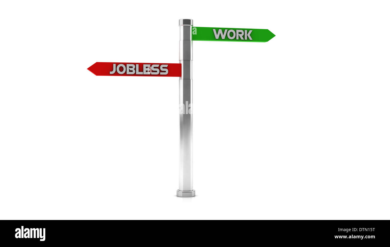Signpost with joblees and work on white background Stock Photo - Alamy