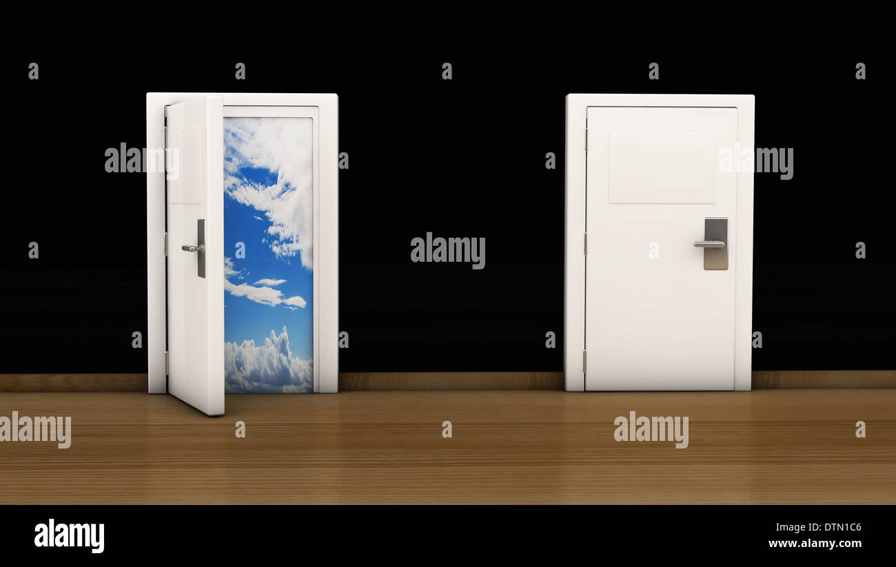 Illustration of two doors one open and one closed in a room with wooden ...