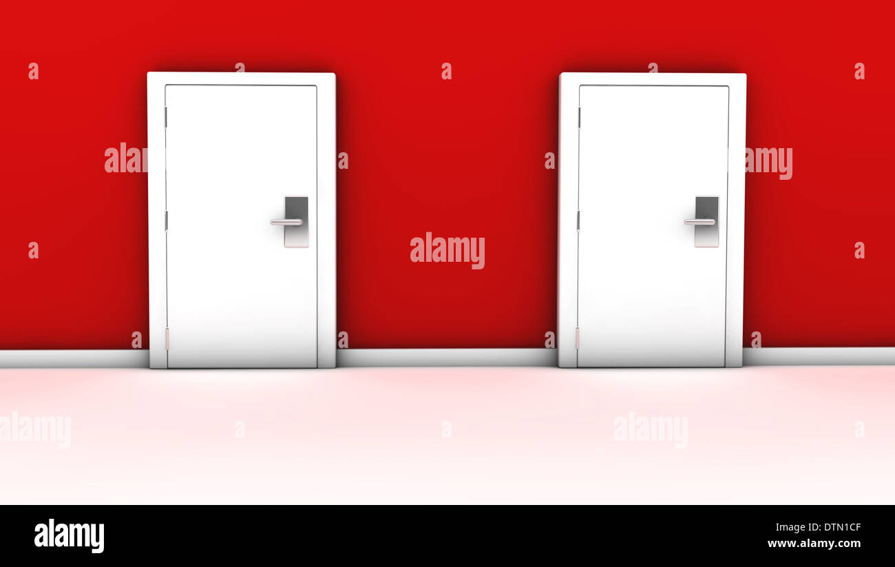 Illustration of two closed doors in white and red wall Stock Photo - Alamy