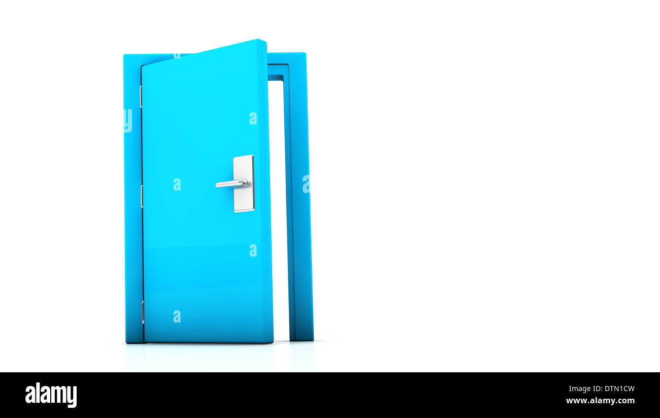 Open blue door on white background Stock Photo - Alamy